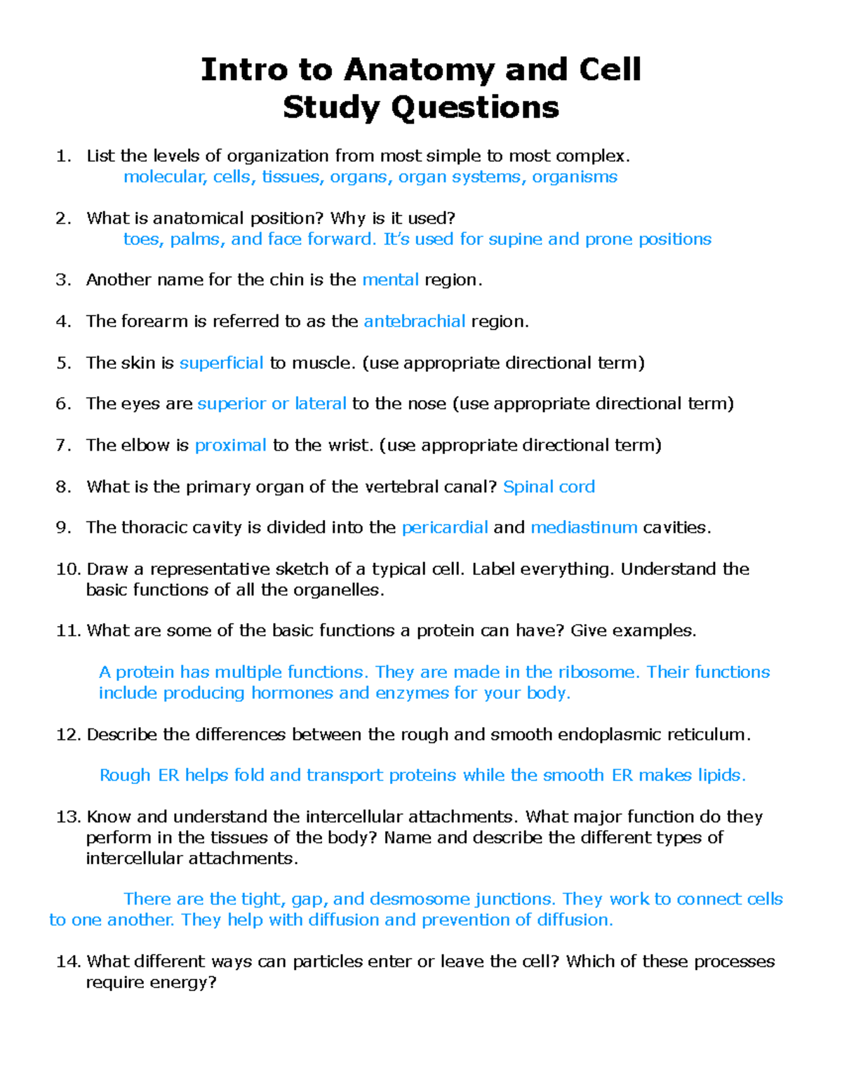 Week 1 study guide - Intro to Anatomy and Cell Study Questions List the ...