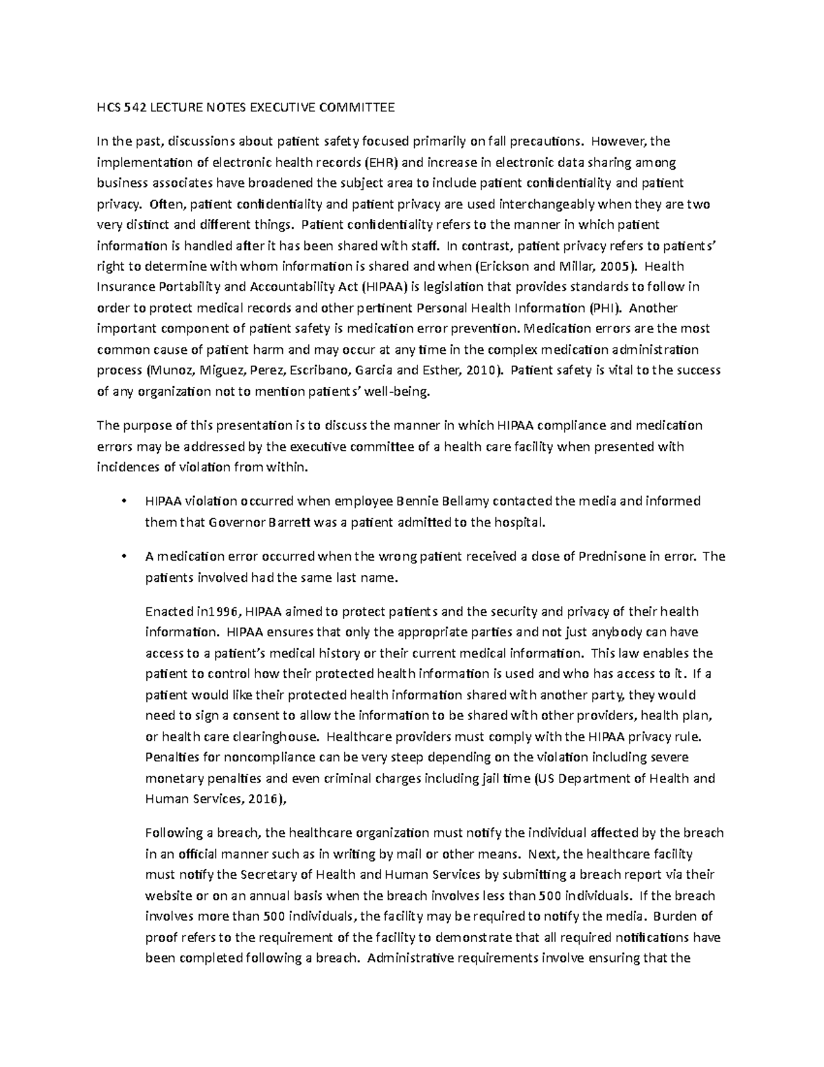 HCS 542 Lecture Notes Executive Committee - HCS 542 LECTURE NOTES ...