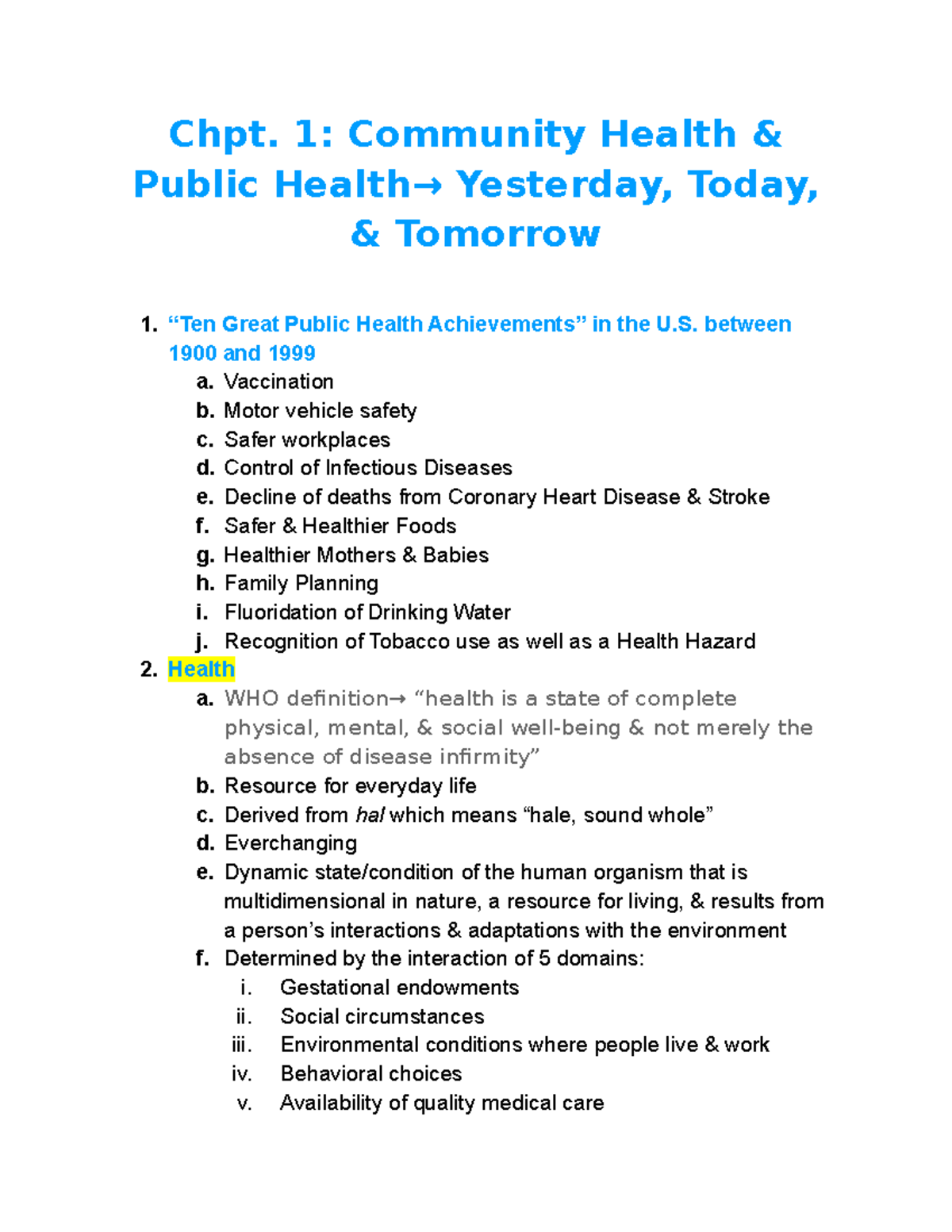 Public Health Chpt. 1 Notes - Chpt. 1: Community Health & Public Health ...