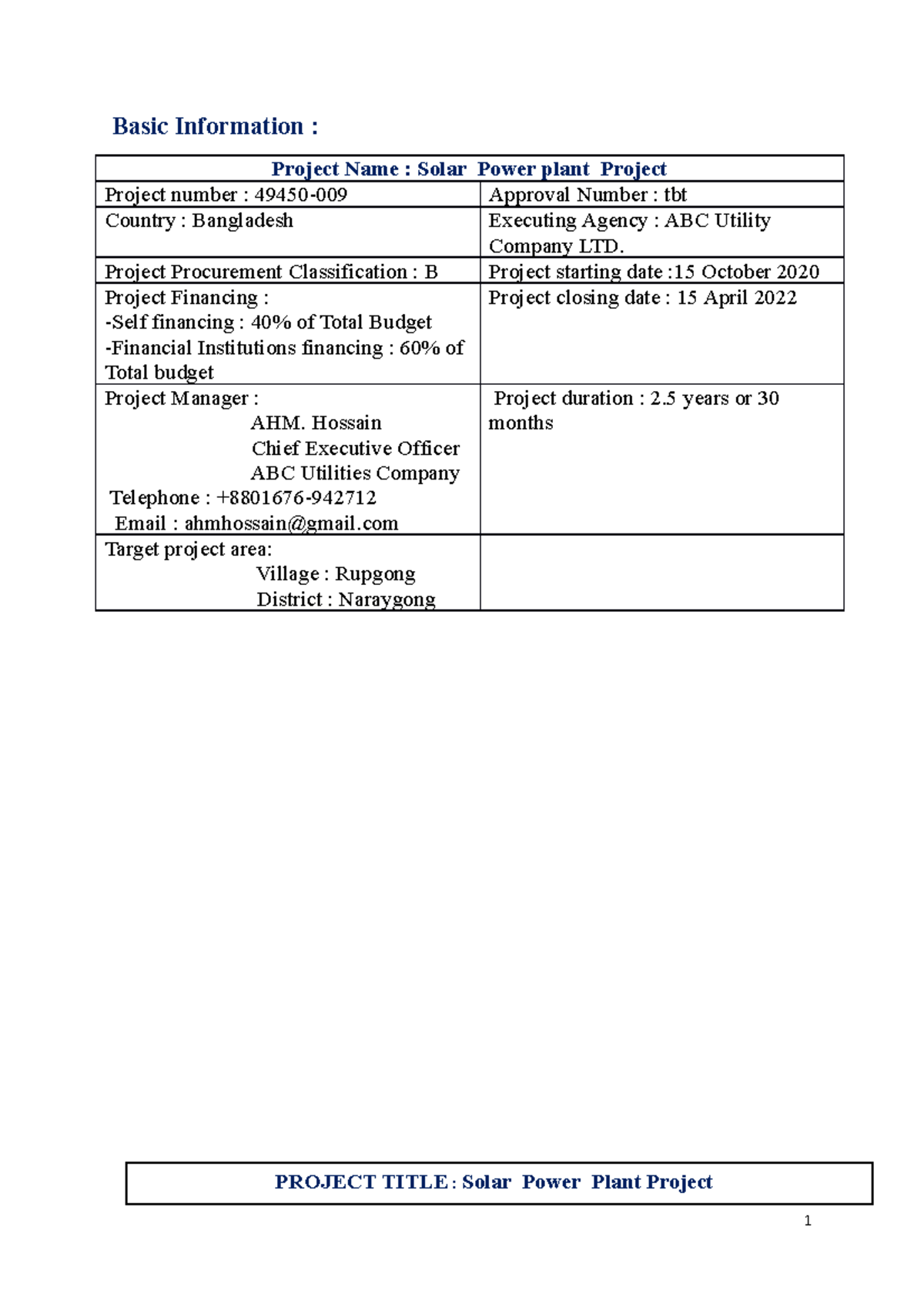Project Management Assignment - Basic Information : Project Name ...