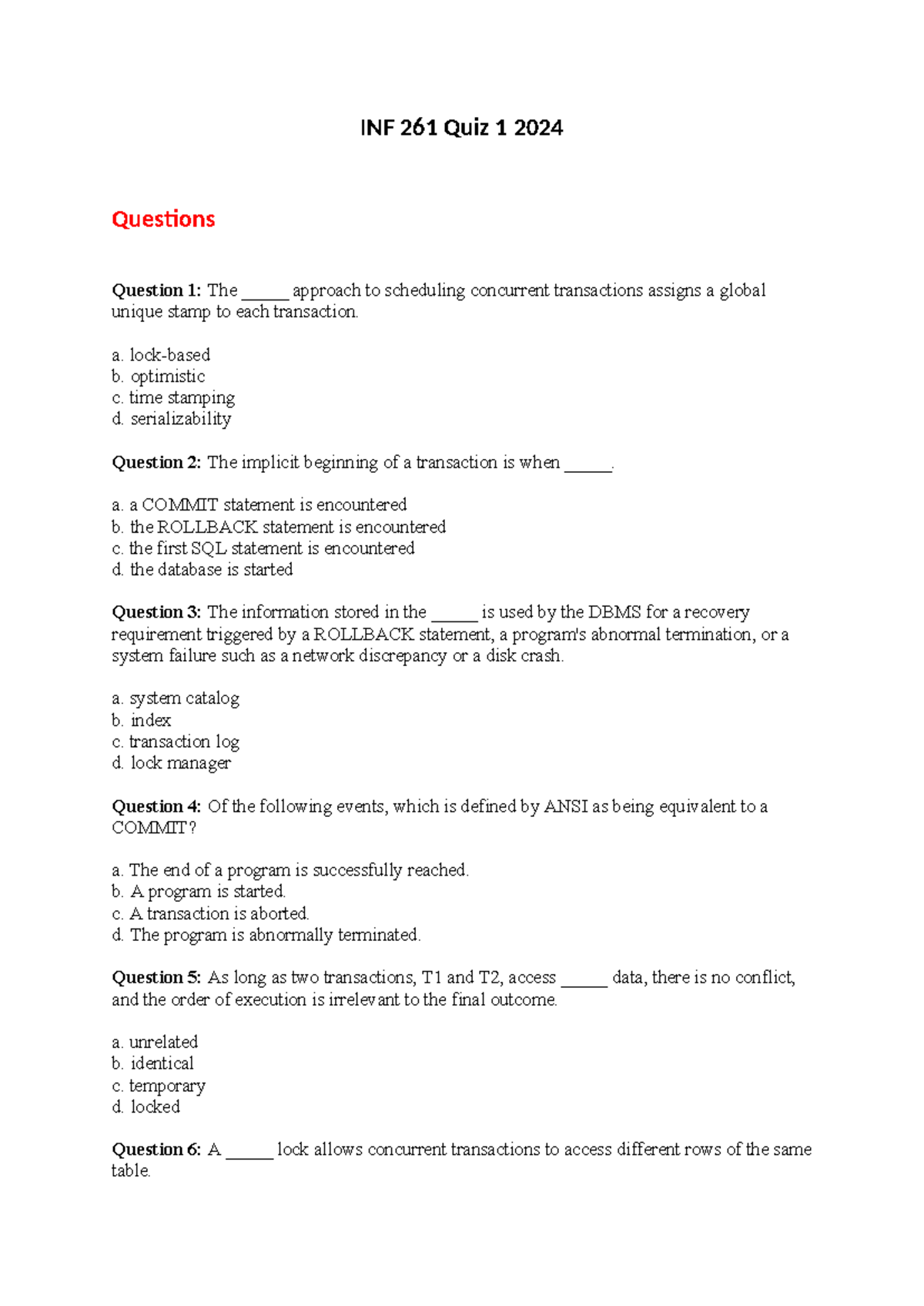 INF 261 Quiz 1 2024 - INF 261 Mandatory Assignment - Quiz 1 - INF 261 Quiz 1 2024 Questions ...