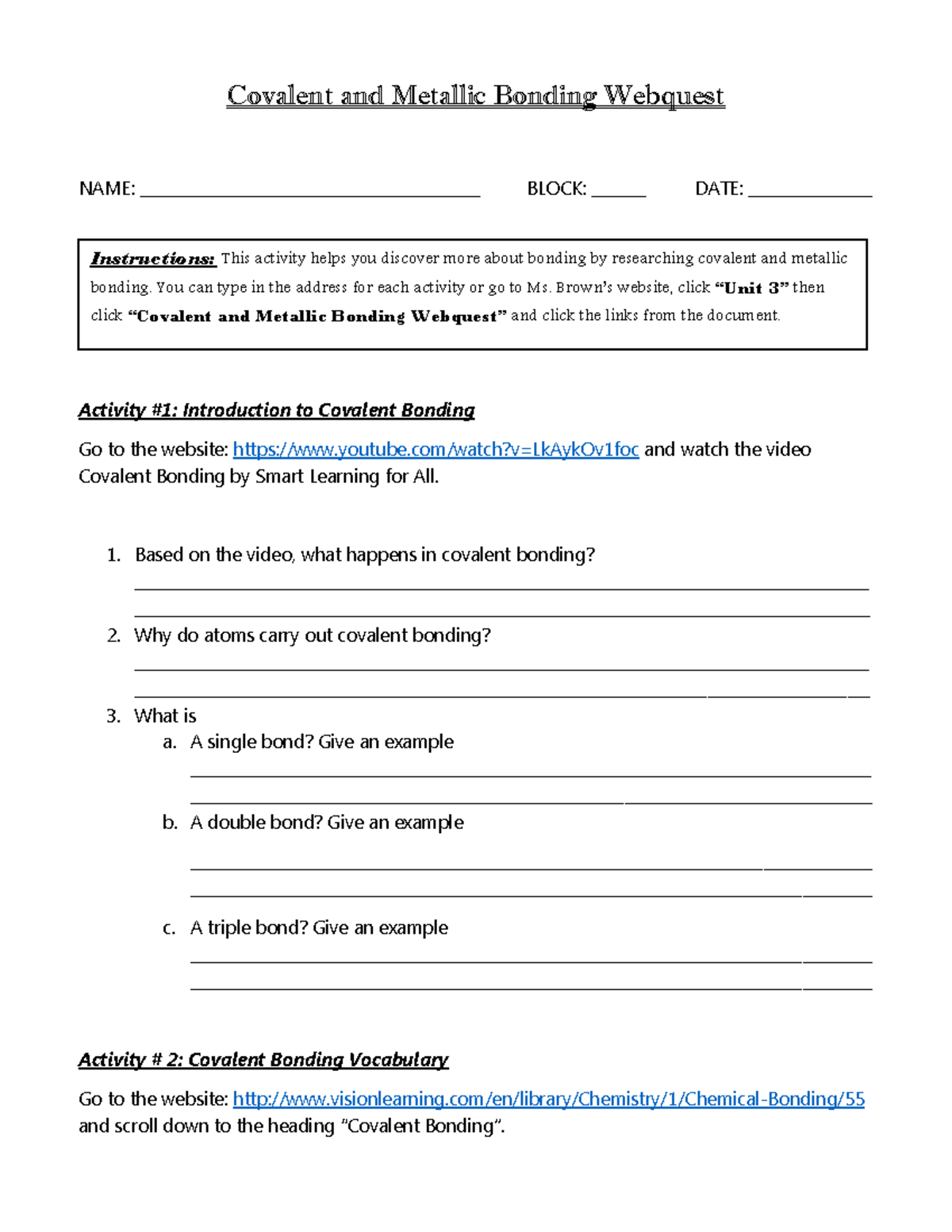 Covalent and metallic bonding webquest - Covalent and Metallic Bonding ...