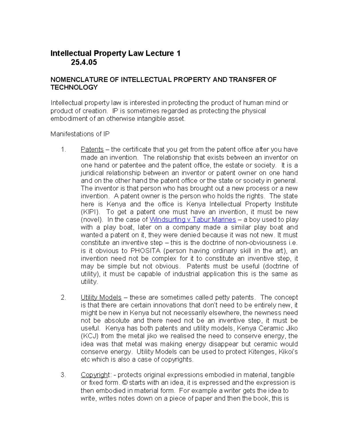 IP Lectures Notes - Intellectual Property Law Lecture 1 25 ...