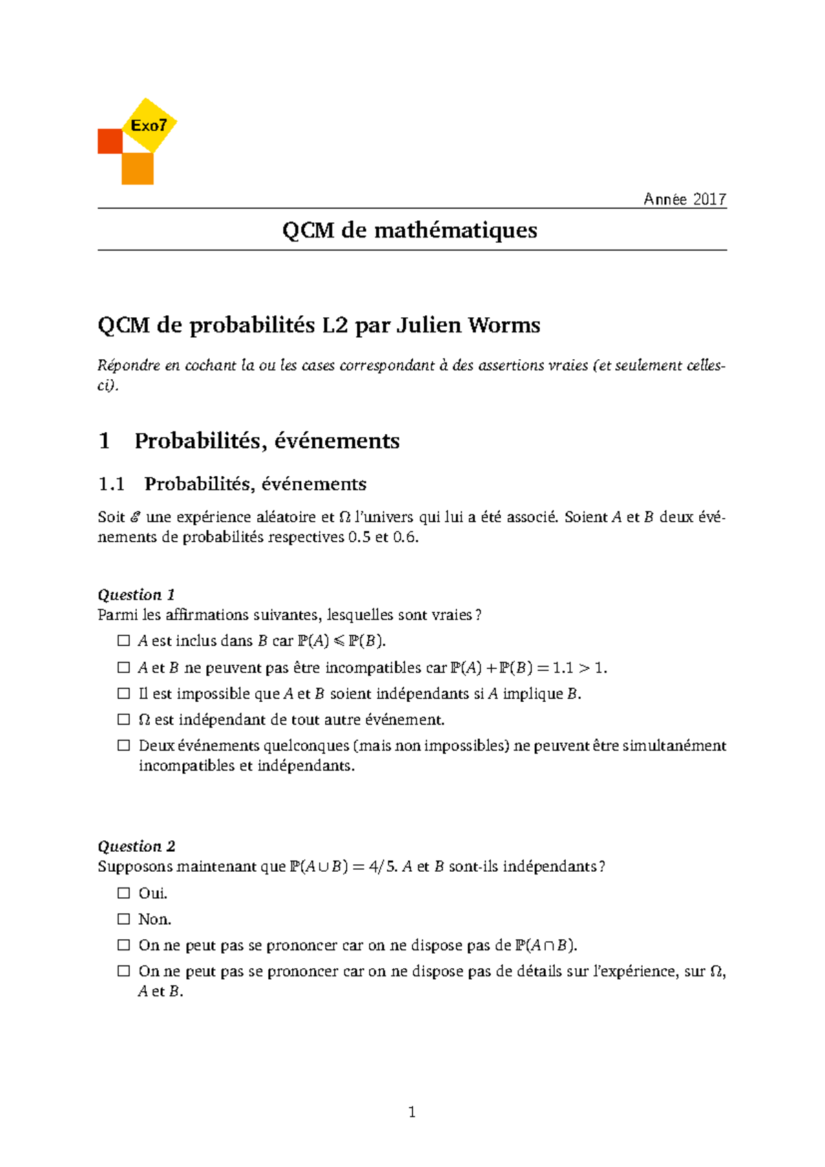 Qcm-Revision Probabilités - Exo Année 2017 QCM de mathématiques QCM de probabilités L2 par ...