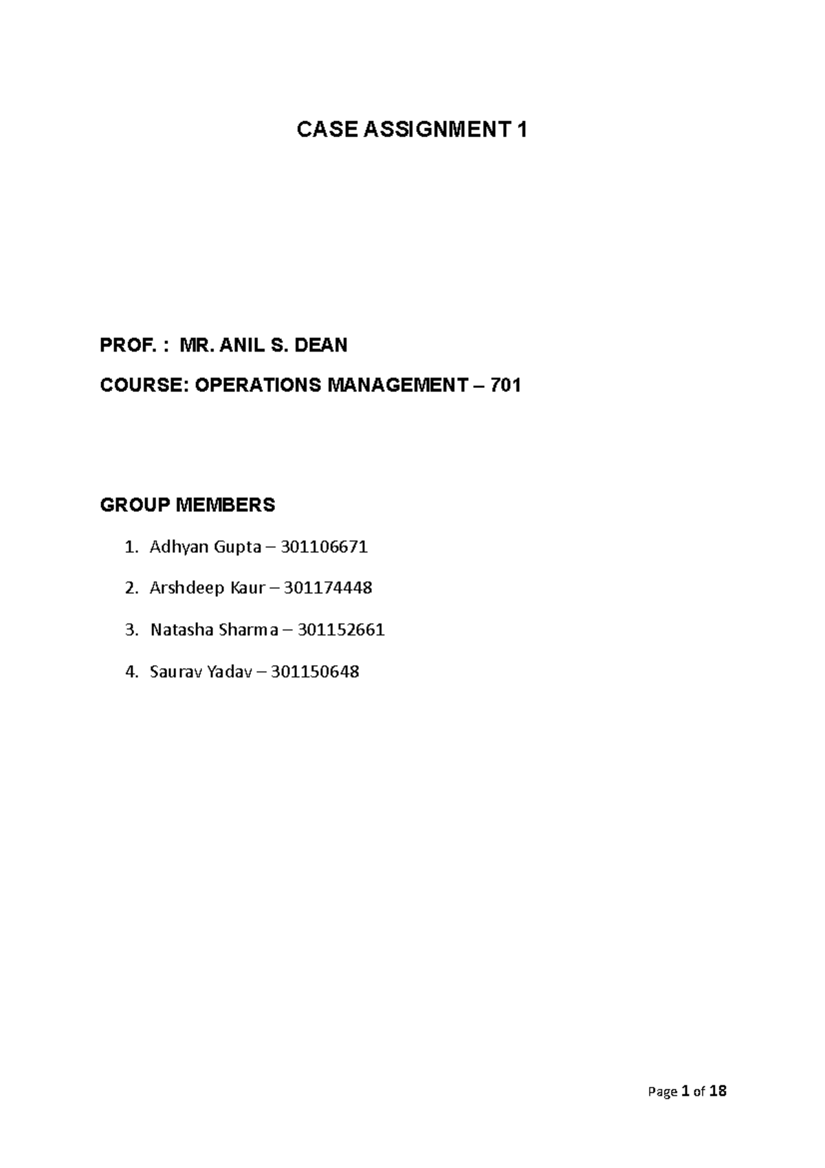 Case Assignment 1 Operations Management - CASE ASSIGNMENT 1 PROF. : MR ...