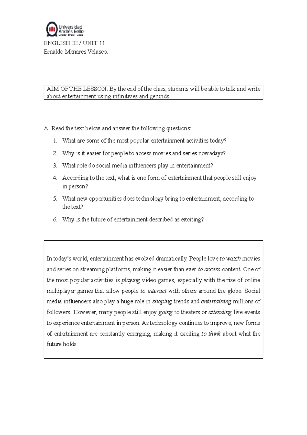 English III UNIt 11 - Es una guía de apoyo - ENGLISH III / UNIT 11 ...