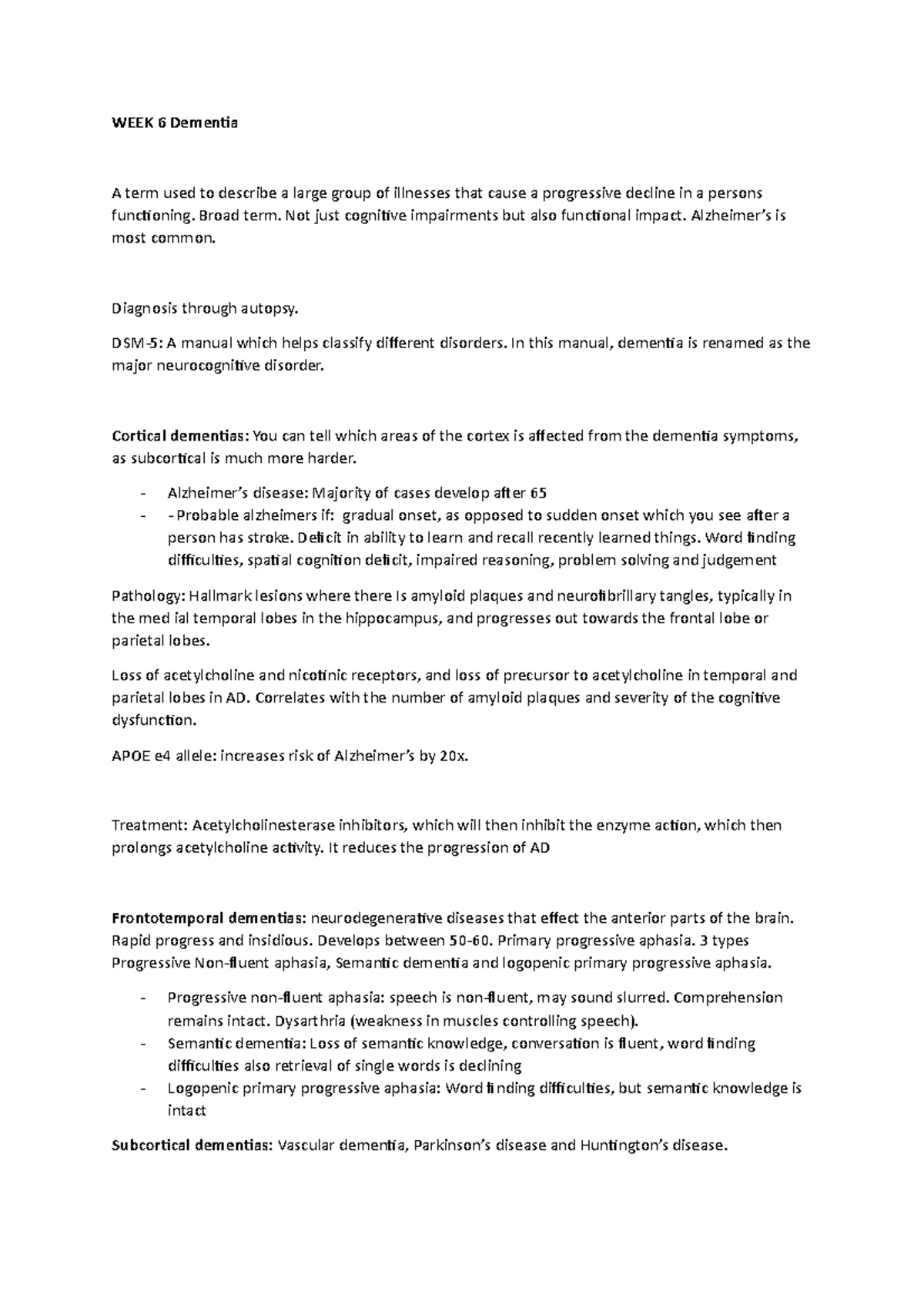 WEEK 6 Dementia Neuro - Semester 2 lecture notes (Online), Goodluck ...