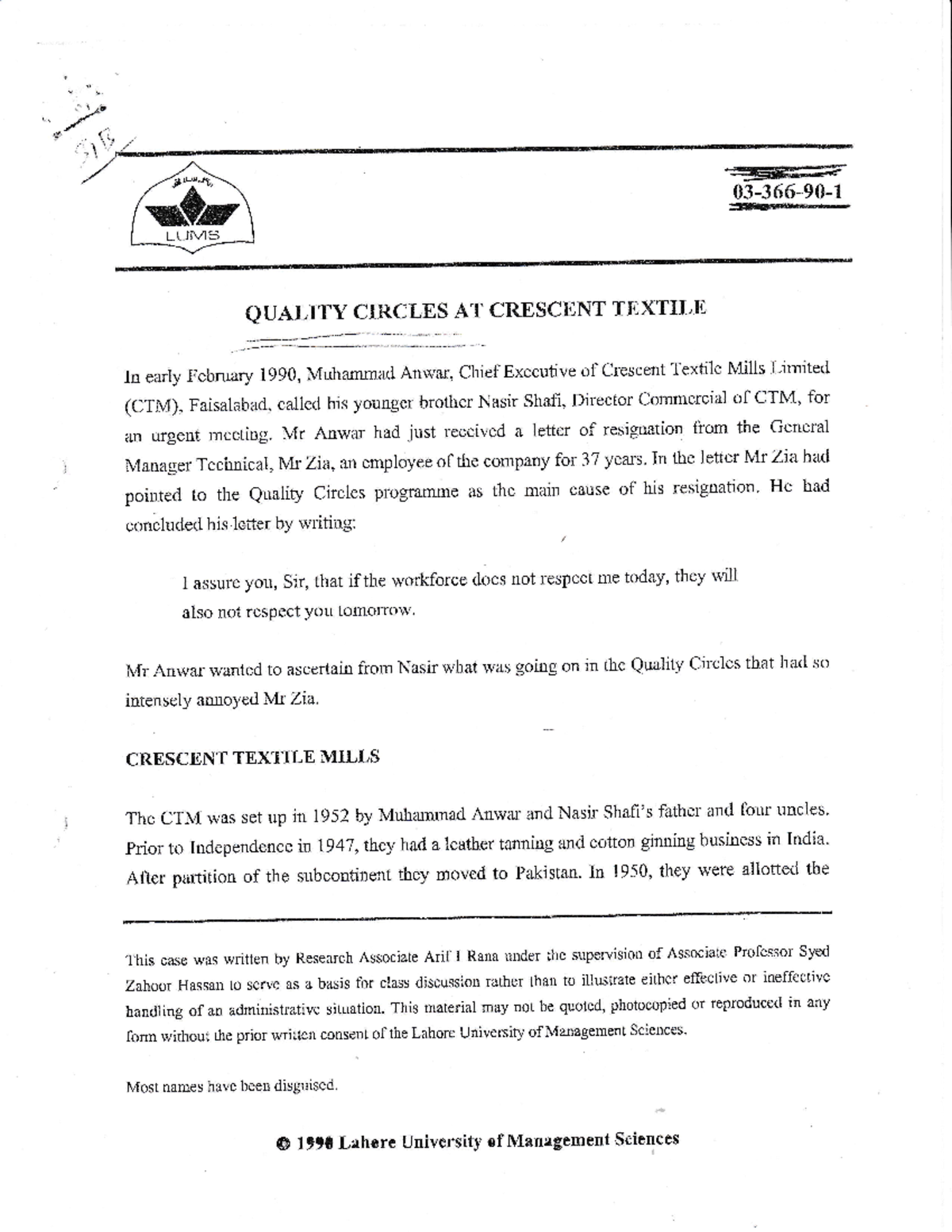 Case Study - Quality Circles at Crescent Textile - LUMS =E#03-366-90 ...