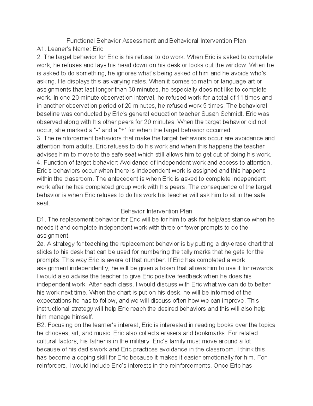 D001 Task 1 Revision - Functional Behavior Assessment and Behavioral ...