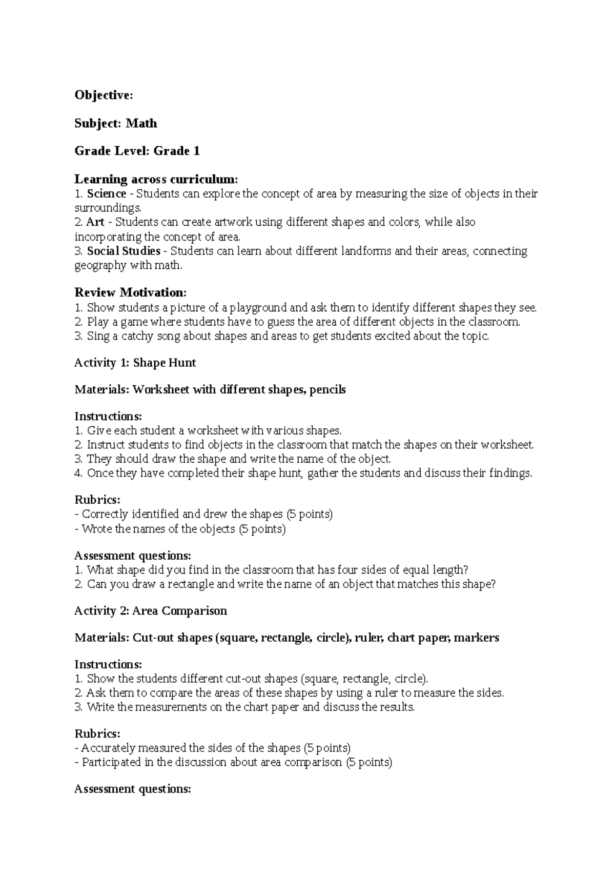 Lesson plan (2 final) - Objective: Subject: Math Grade Level: Grade 1 ...