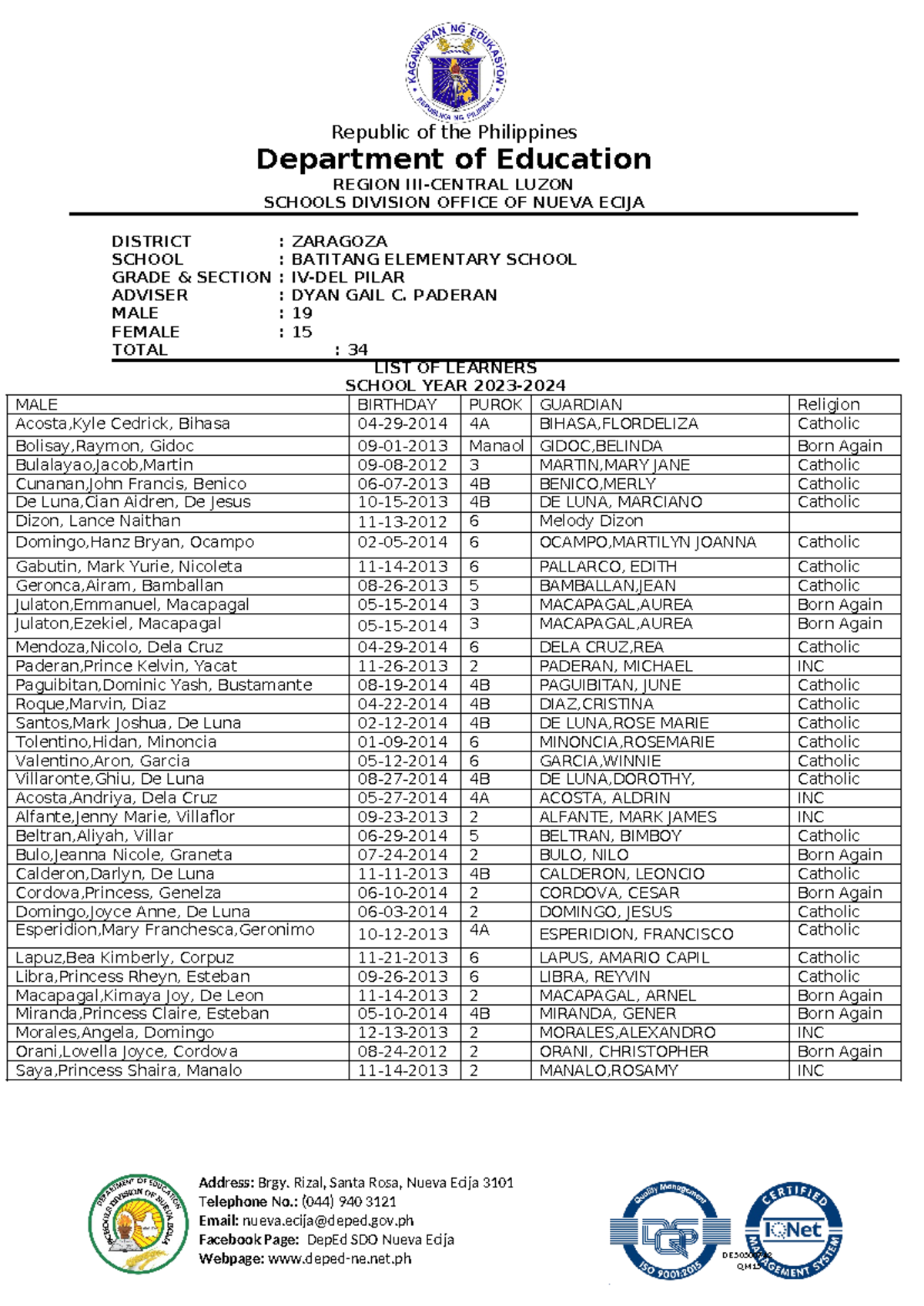 List of 4 del pilar-religion - DE 50500742 QM Republic of the ...