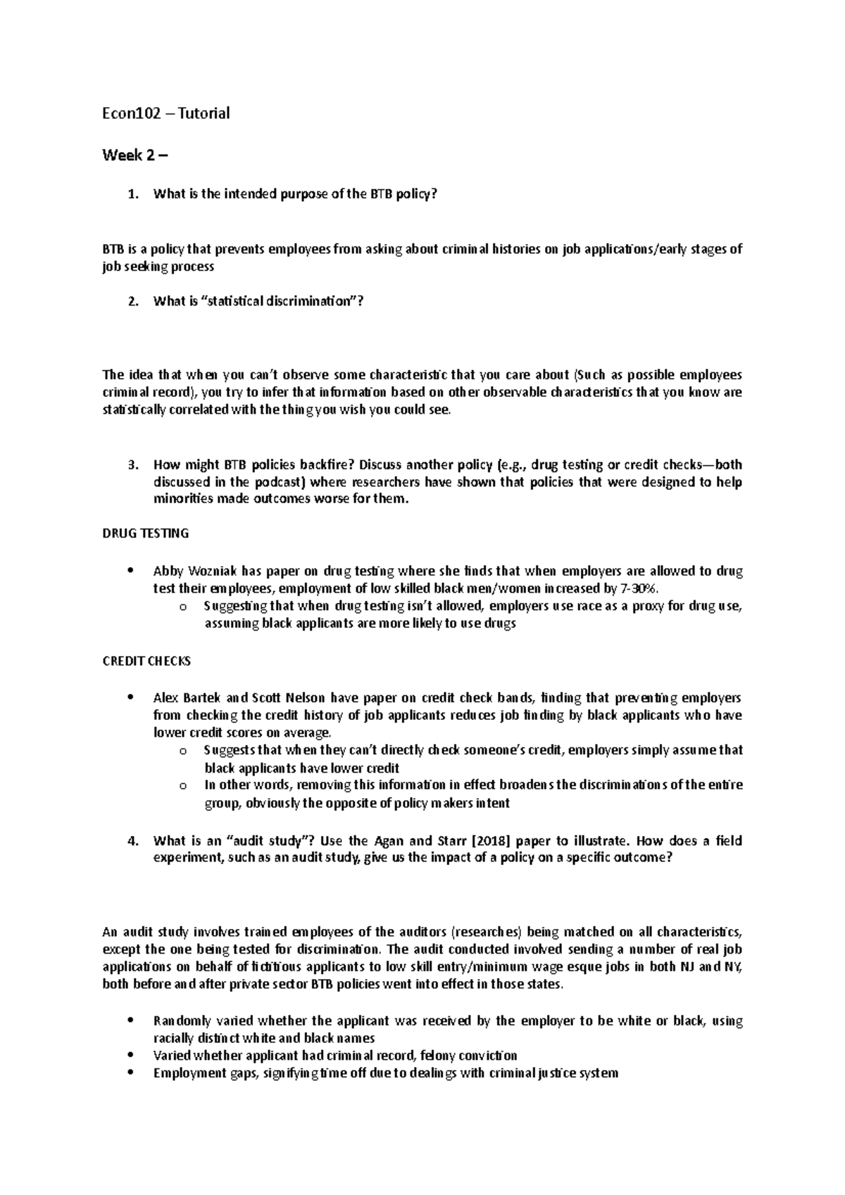 ECON102 - Tutorials - Econ102 – Tutorial Week 2 – 1. What is the intended purpose of the BTB ...