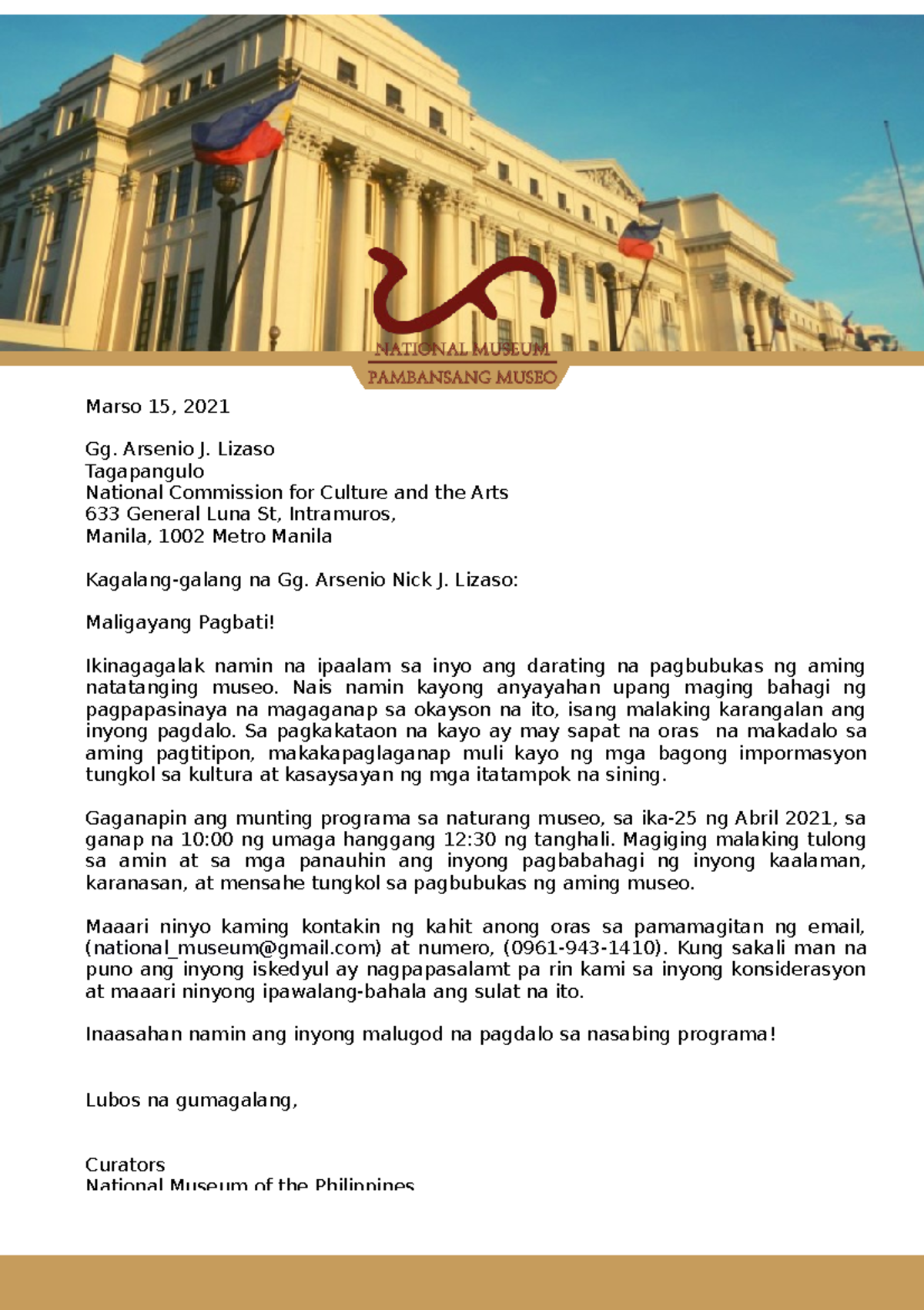 Liham ng Paanyaya (School Purposes only) - Marso 15, 2021 Gg. Arsenio J ...