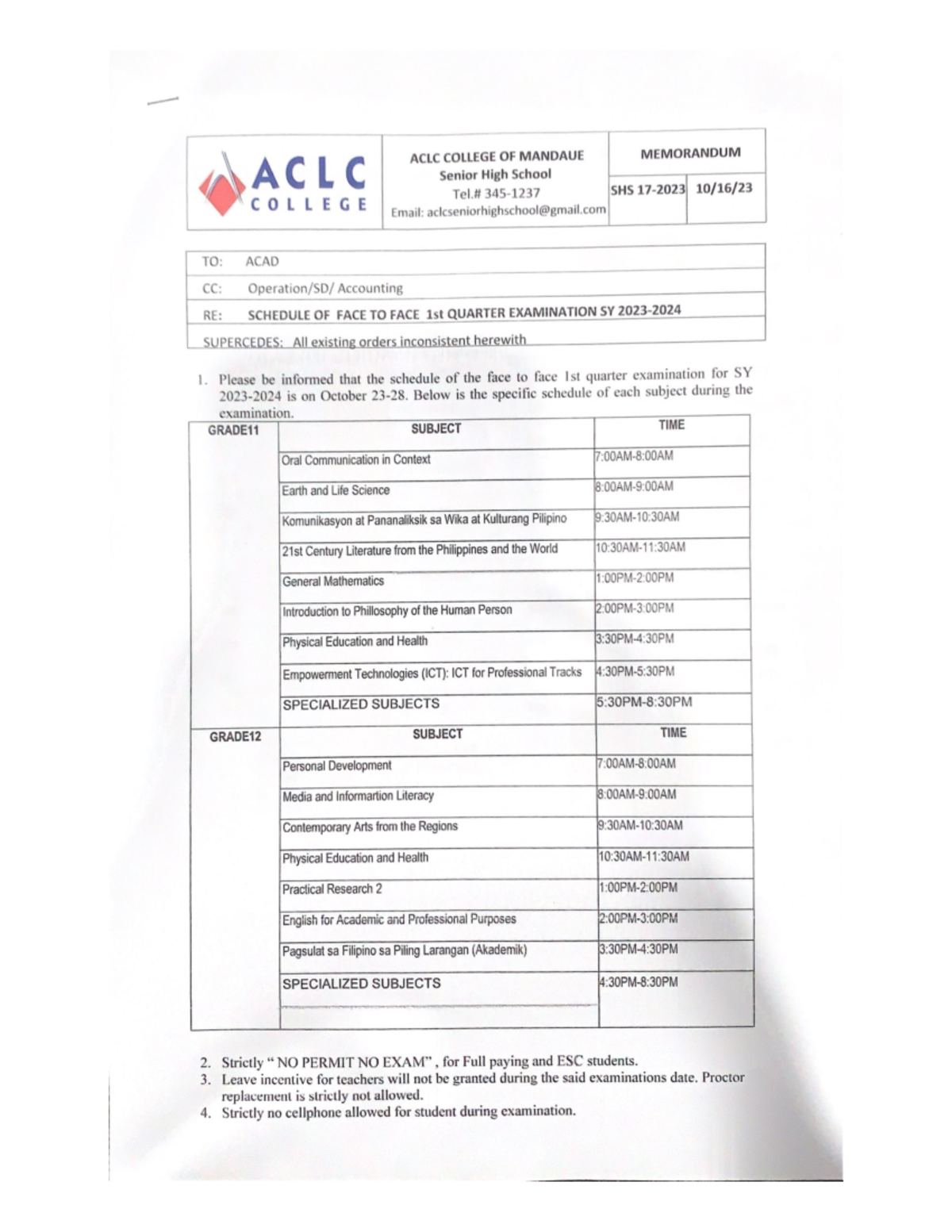 1st Quarter Examination Schedule - piling larangan - Studocu
