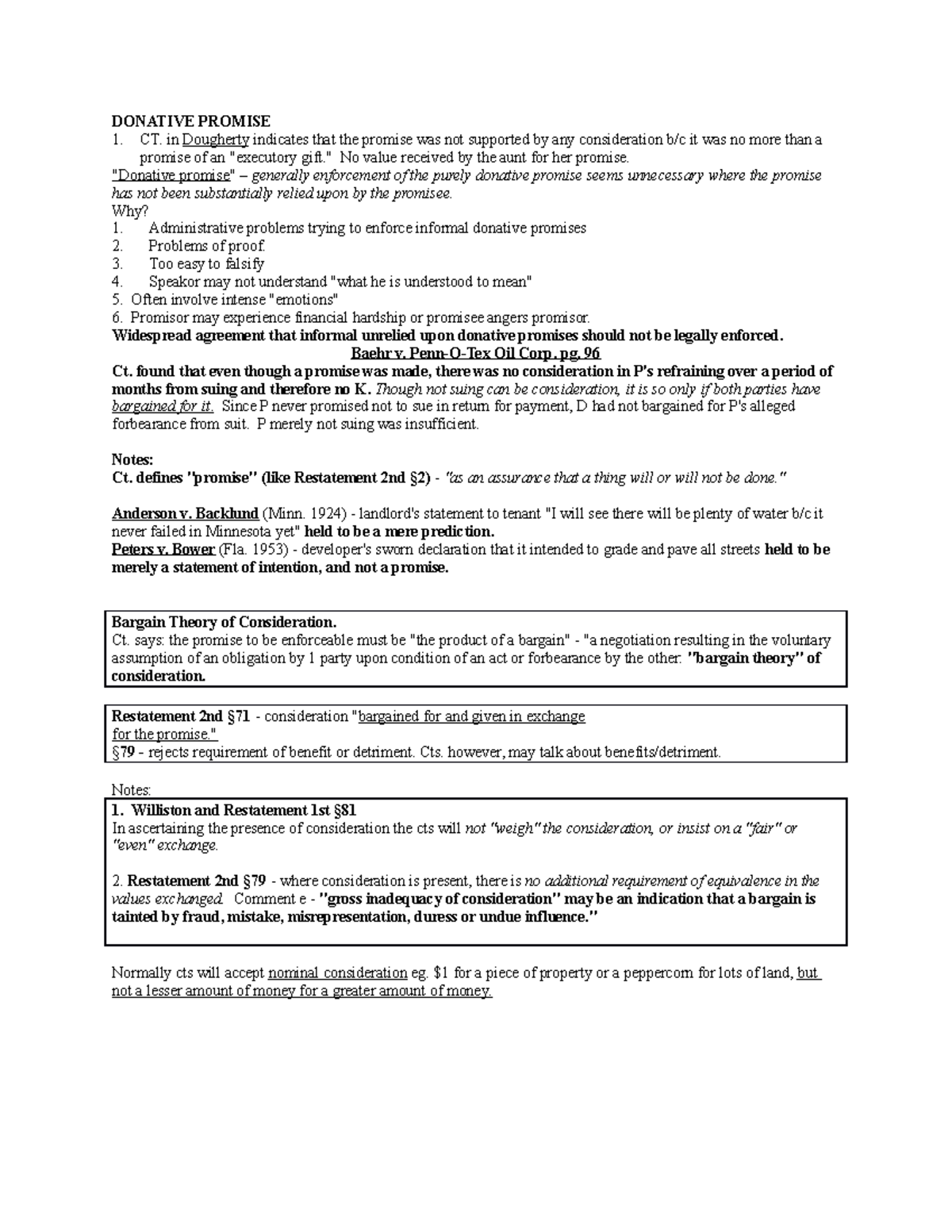 Contracts Law Outline - 2 - DONATIVE PROMISE CT. in Dougherty indicates ...