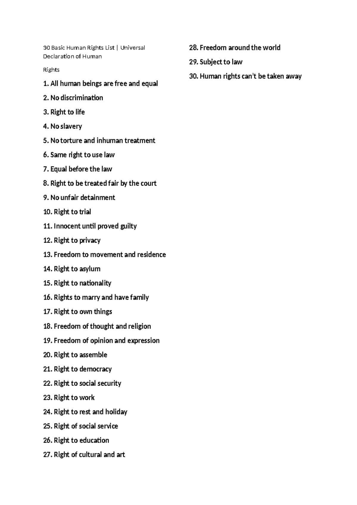 30 Basic Human Rights List - All human beings are free and equal 2. No ...