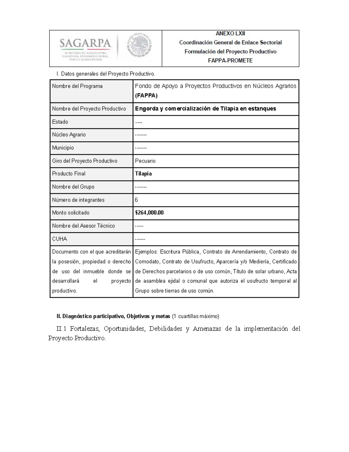 Anexo LXII Engorda DE Tilapia- Fappa- Promete 2015 - I. Datos generales ...