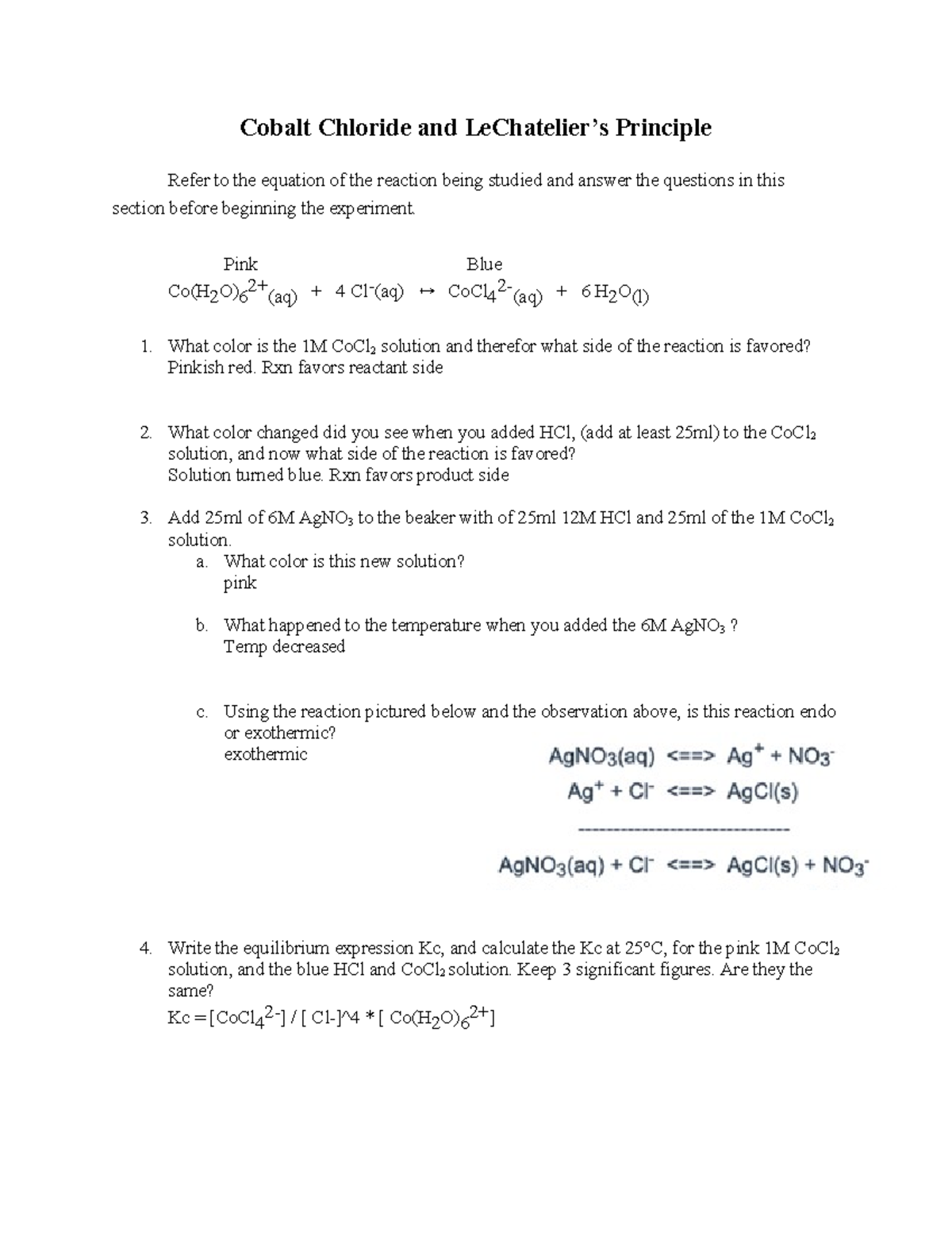 Le Chatelier’s Principle worksheet - Cobalt Chloride and LeChatelier’s ...
