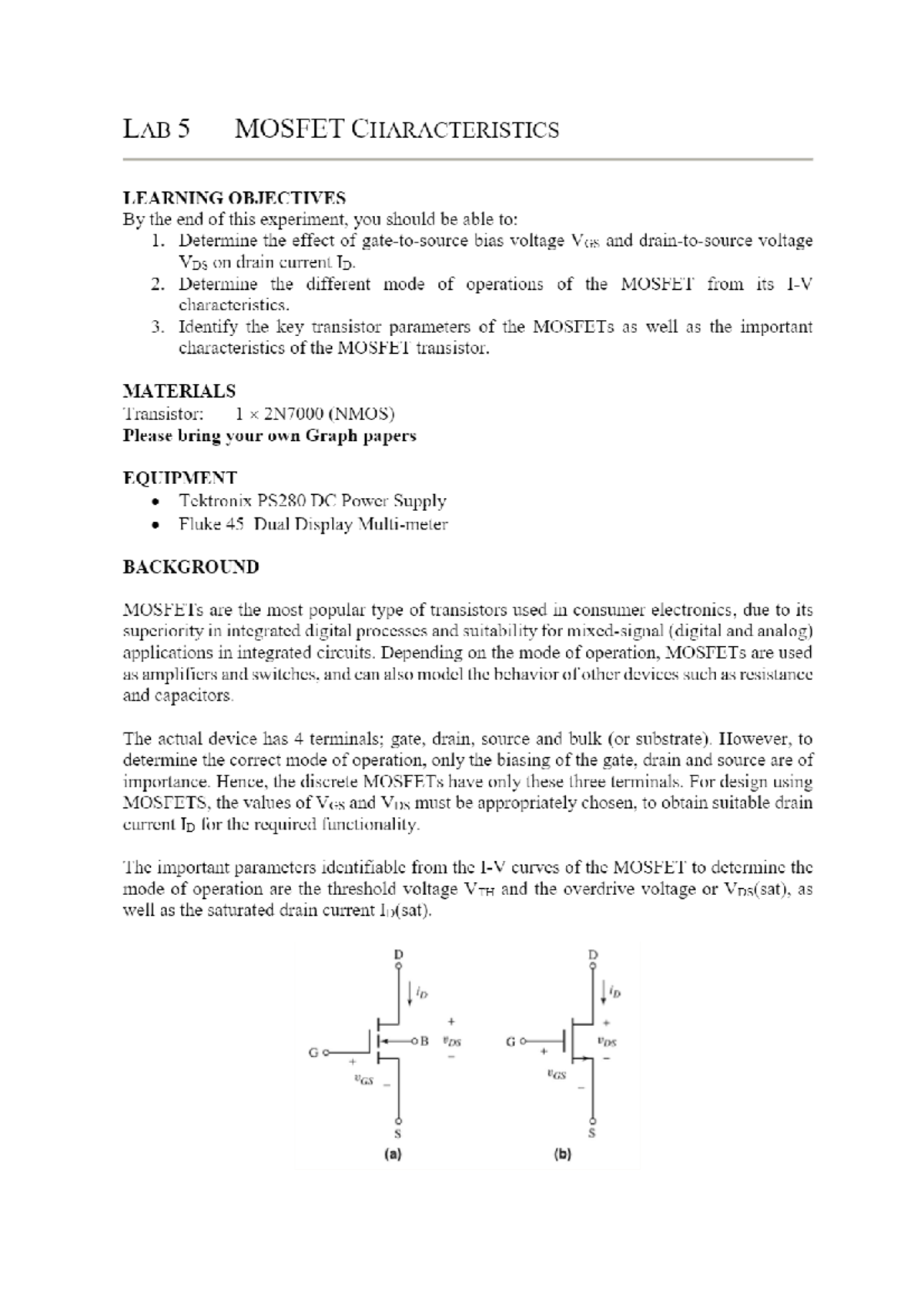 Lab 5 Mosfet Characteristics - Sem1 1718 - Basic electrical engineering - Studocu