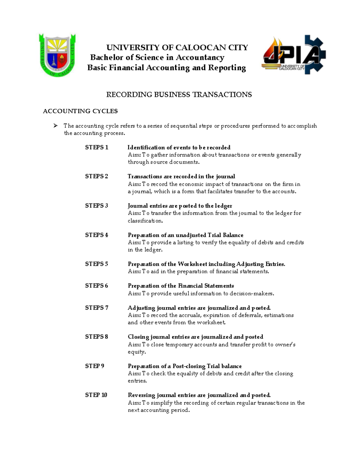 BFAR - Recording Business Transactions - UNIVERSITY OF CALOOCAN CITY ...