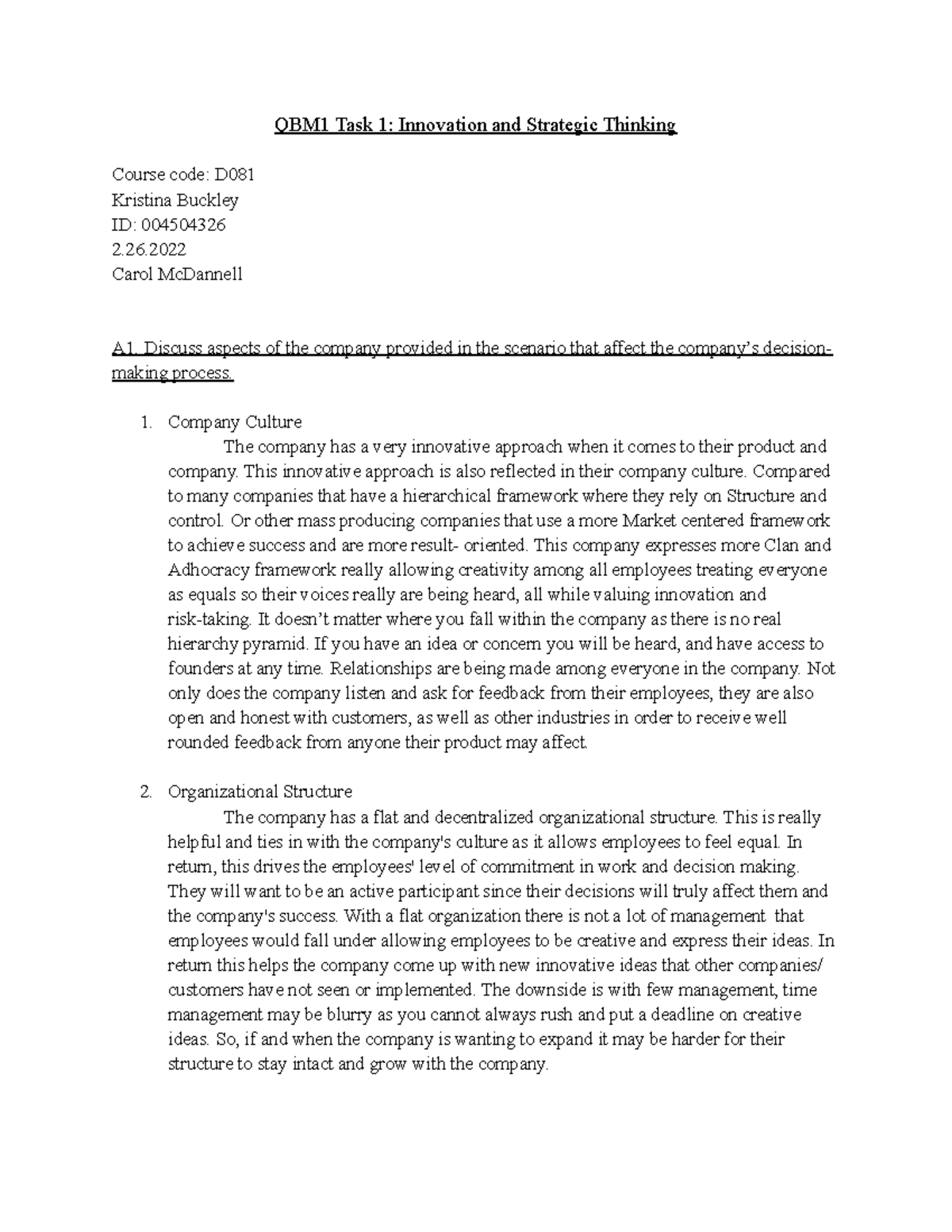 QBM1 Task 1 Innovation and Strategic Thinking - QBM1 Task 1: Innovation ...