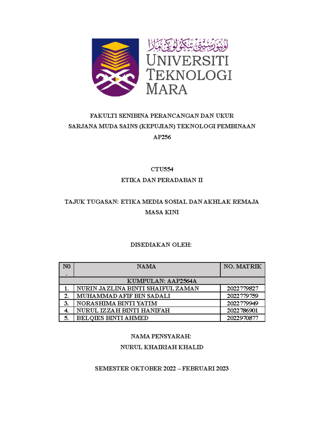 Assignment Group CTU554 - FAKULTI SENIBINA PERANCANGAN DAN UKUR SARJANA ...