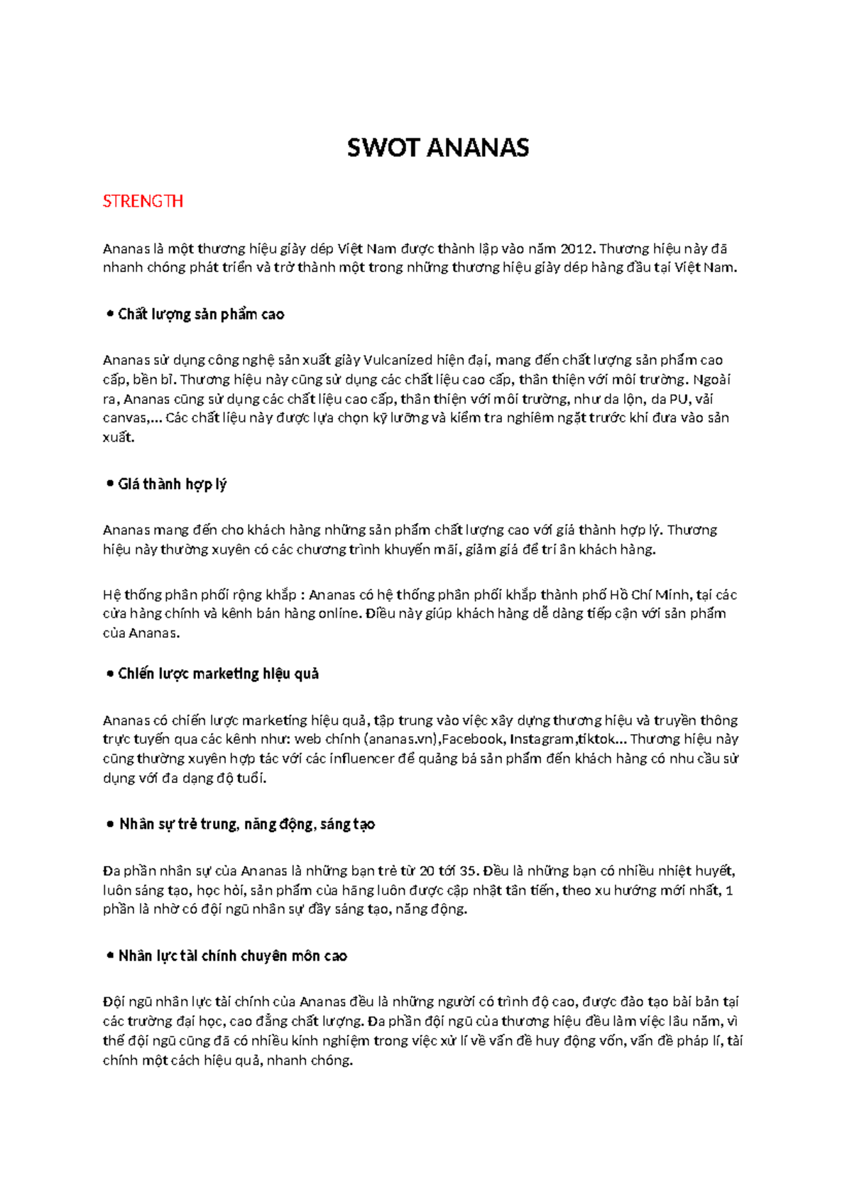 marketing Ananas - SWOT ANANAS STRENGTH Ananas là một thương hiệu giày ...