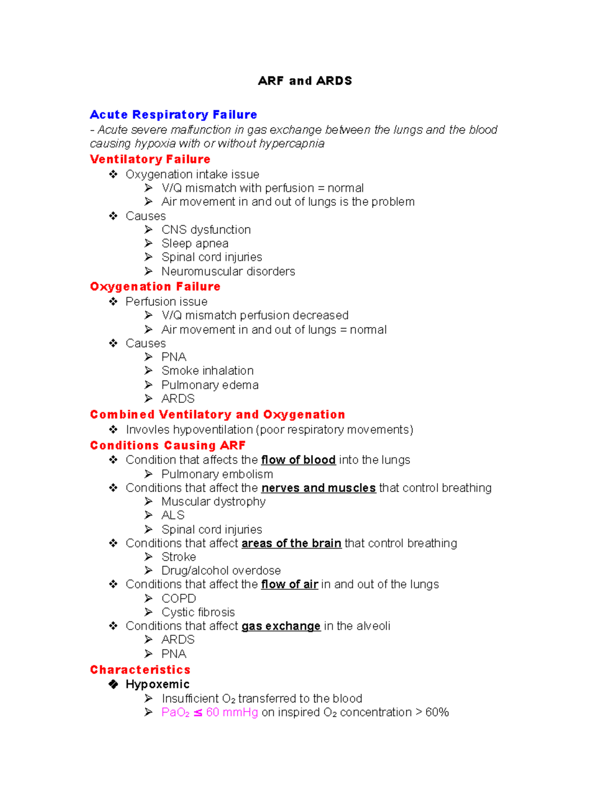 ARF and ARDS: Causes Characteristics and Management - Studocu