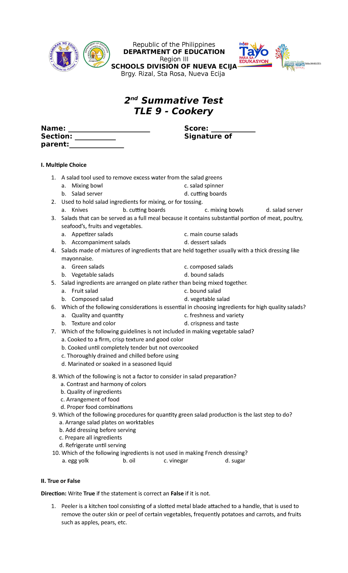 430205075 2nd Summative Test TLE 9 - Republic of the Philippines ...