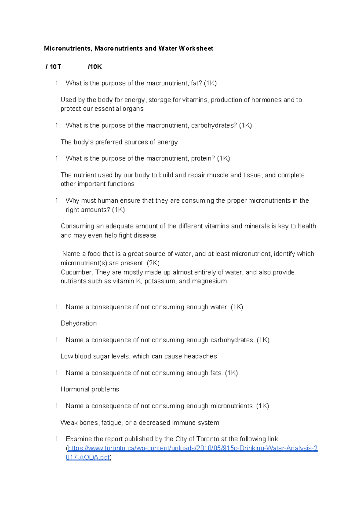 Micronutrients, Macronutrients and Water Worksheet - Name a food that ...