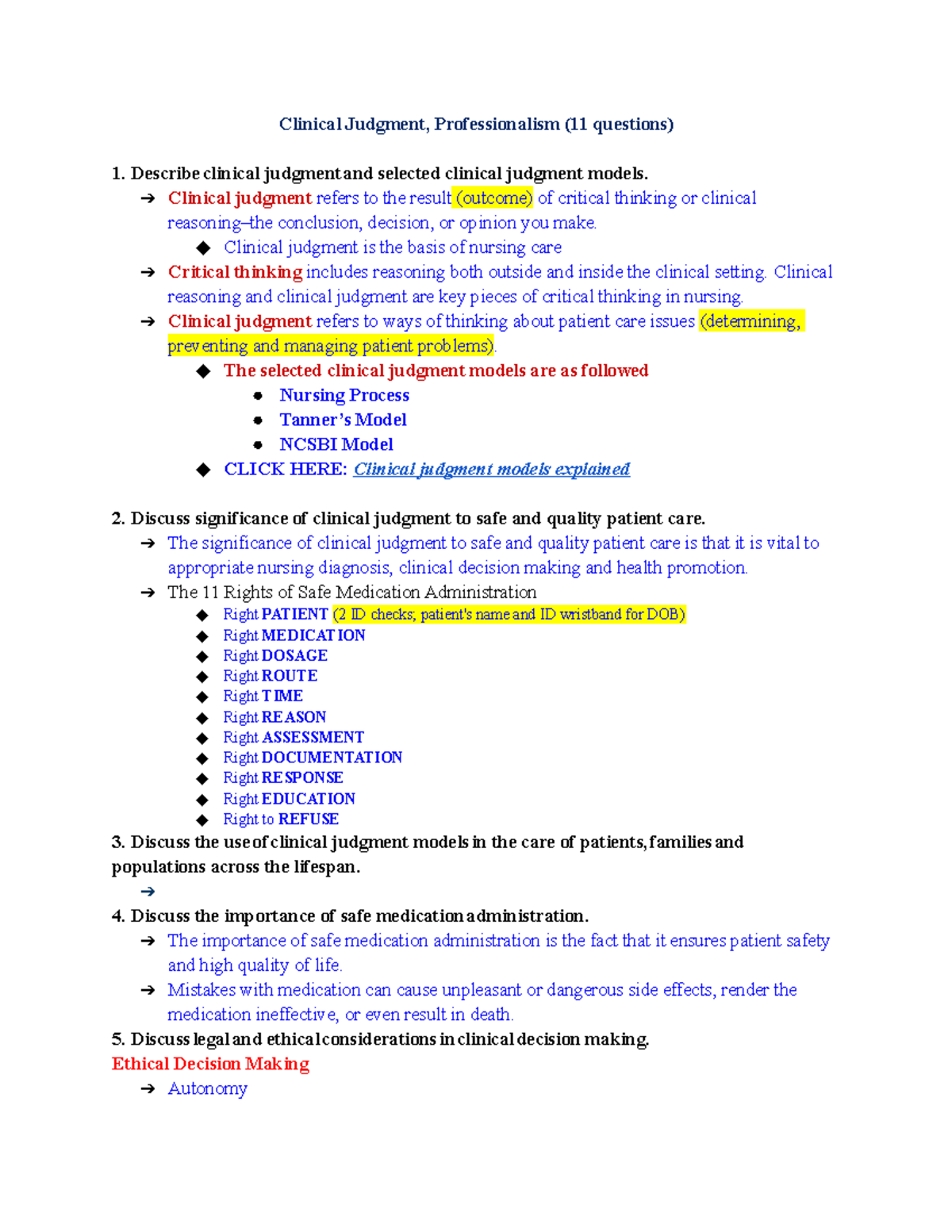 Exam 1 study guide - Clinical Judgment, Professionalism (11 questions ...
