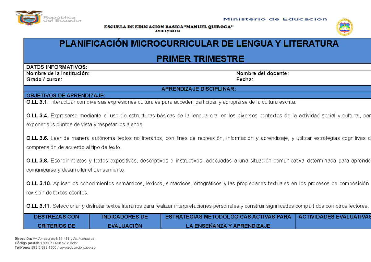 Lengua ´lanificacion micro - PLANIFICACIÓN MICROCURRICULAR DE LENGUA Y LITERATURA PRIMER ...