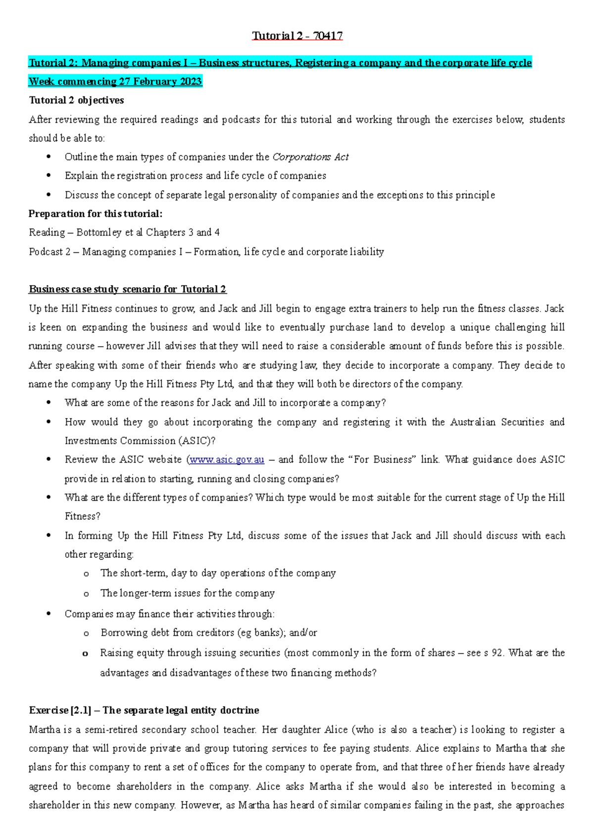 70417 - Tutorial 2 - Tutorial 2 - 70417 Tutorial 2: Managing companies I – Business structures ...