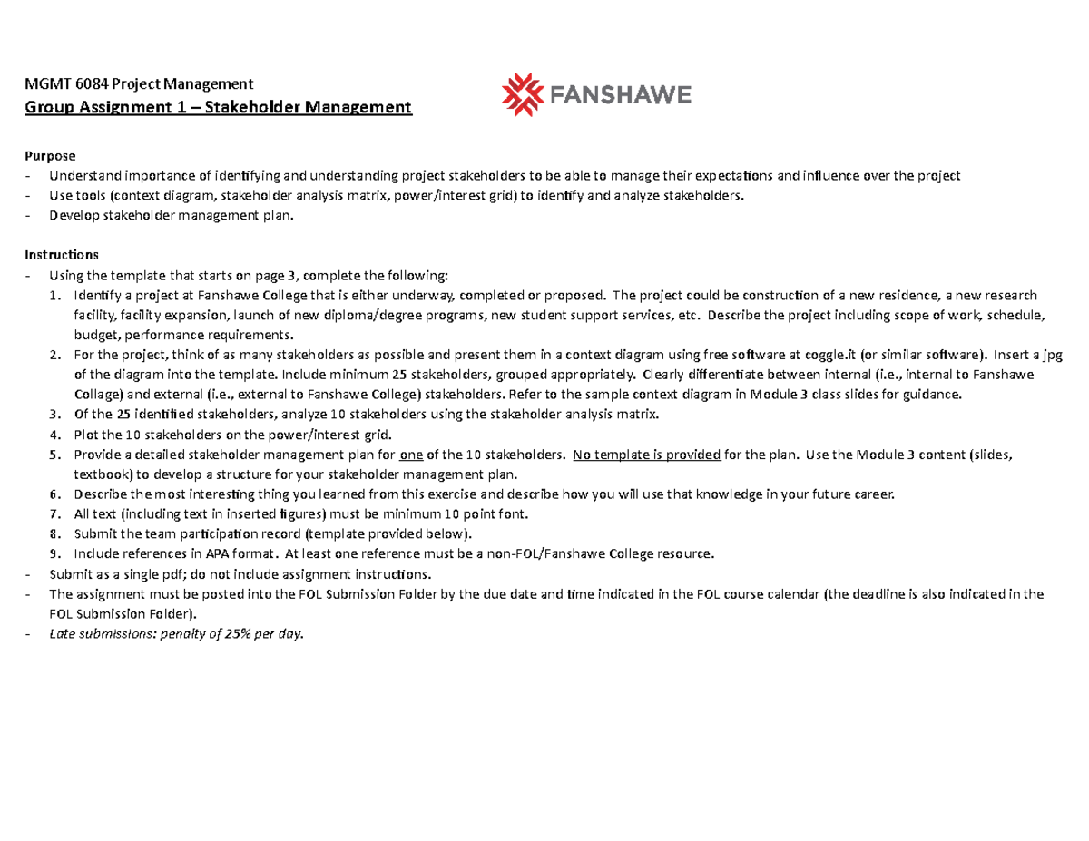 Goup Assignment - MGMT 6084 Project Management Group Assignment 1 – Stakeholder Management ...