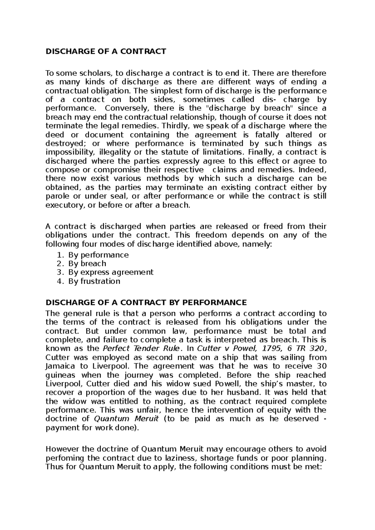 Discharge of a contract Full notes - DISCHARGE OF A CONTRACT To some ...