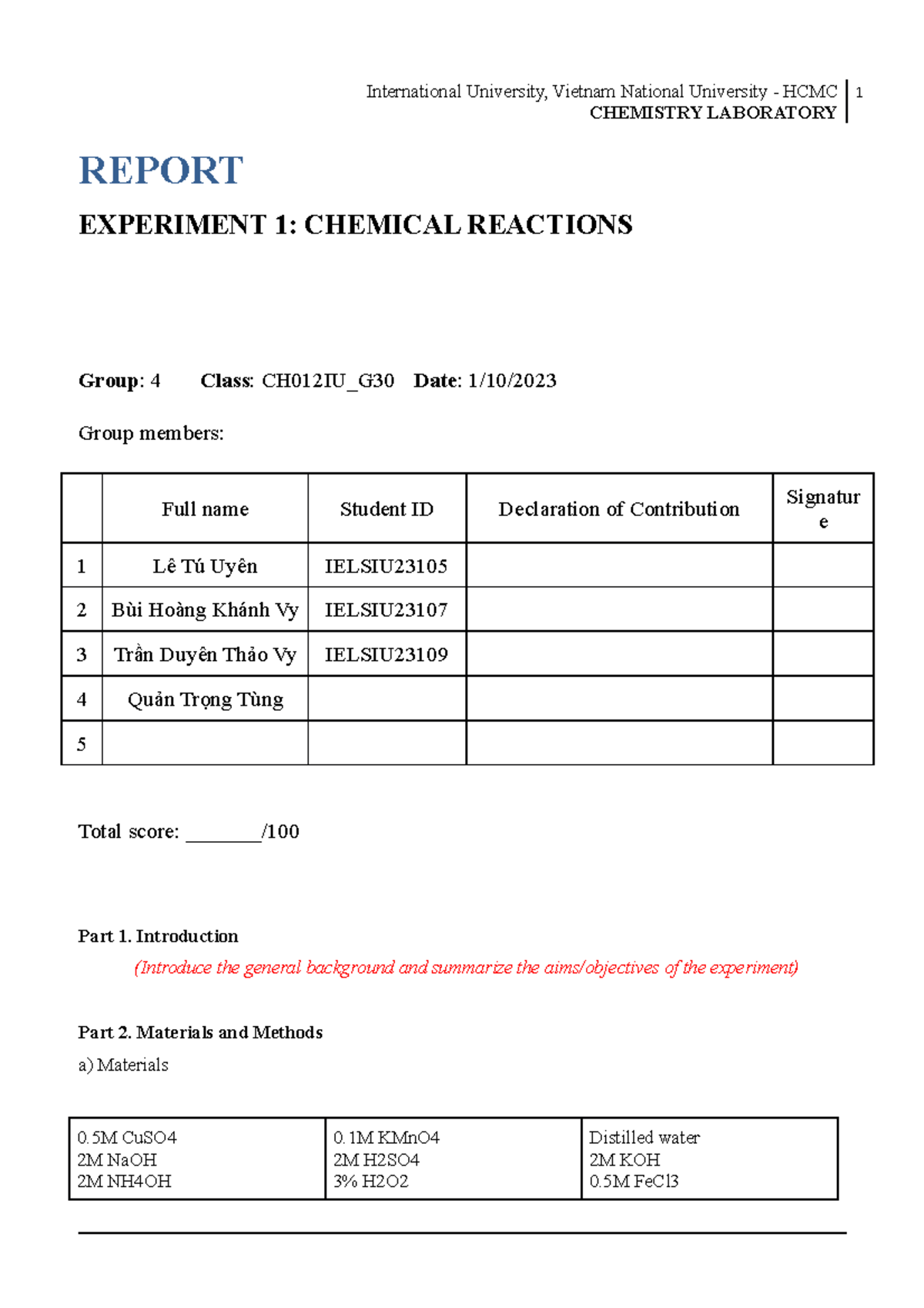 Bản sao của [CHEM LAB] Report Template - CHEMISTRY LABORATORY REPORT ...