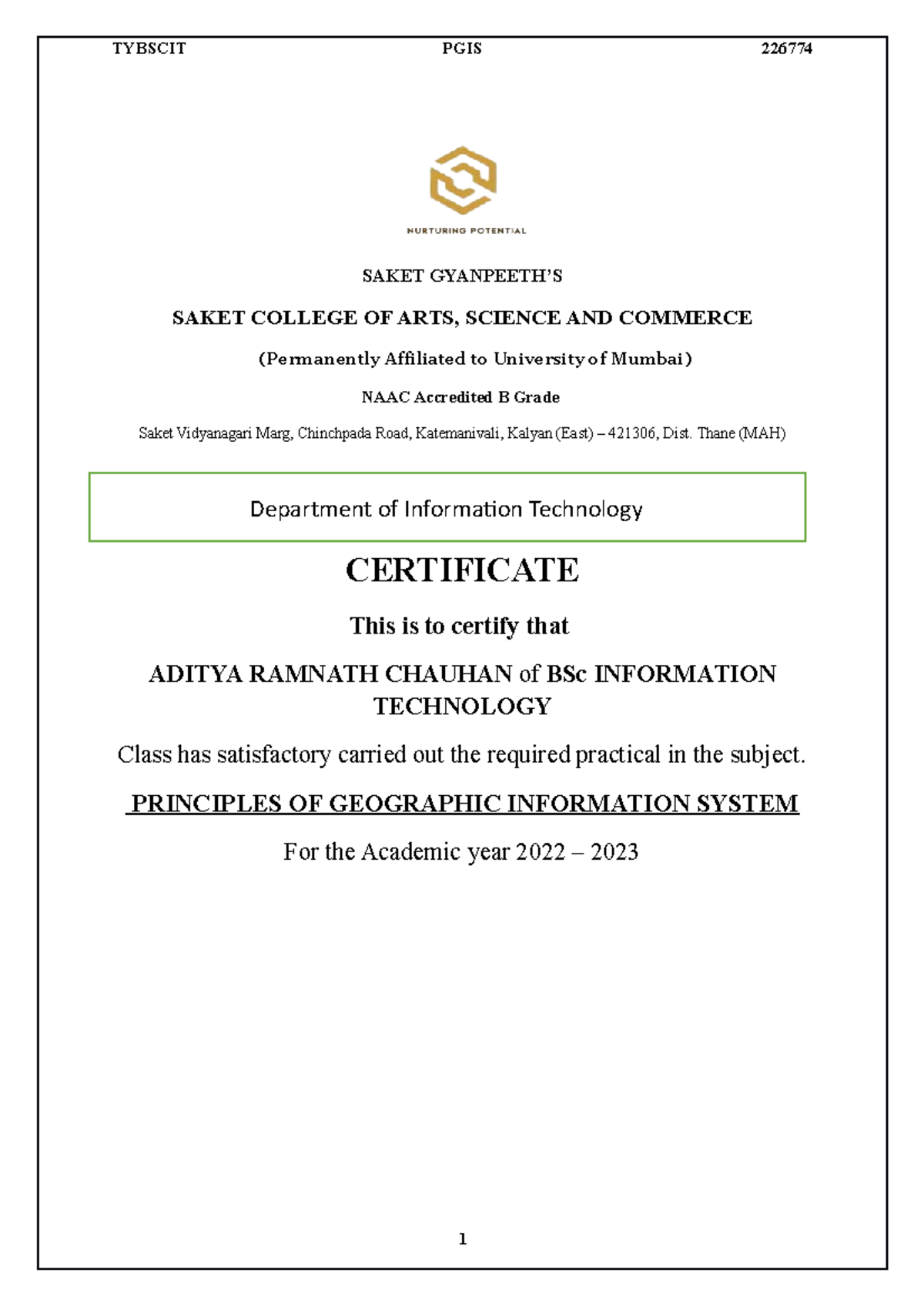 PGIS Practical 1-8 - SAKET GYANPEETH’S SAKET COLLEGE OF ARTS, SCIENCE ...