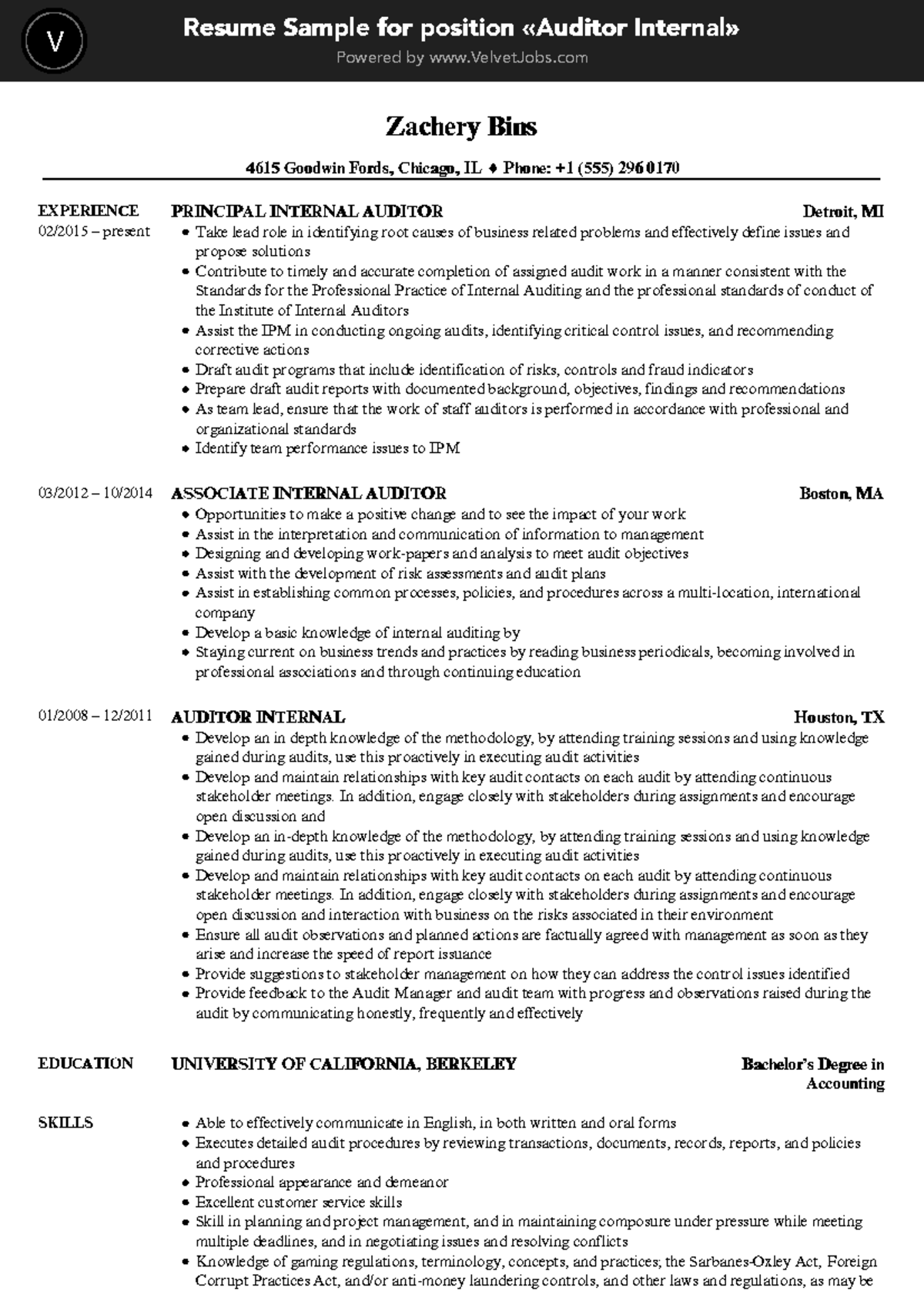 Auditor Internal - Velvet Jobs Resume Sample - V Resume Sample for ...