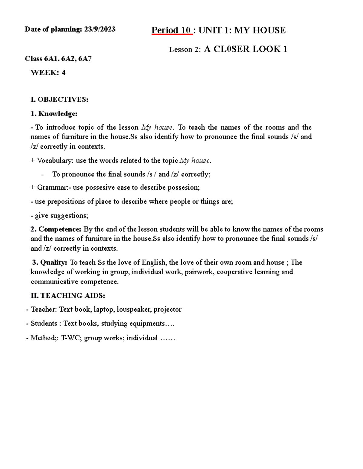 Bài thực hành dạy học kết hợp - Date of planning: 23/9/ Class 6A1. 6A2 ...