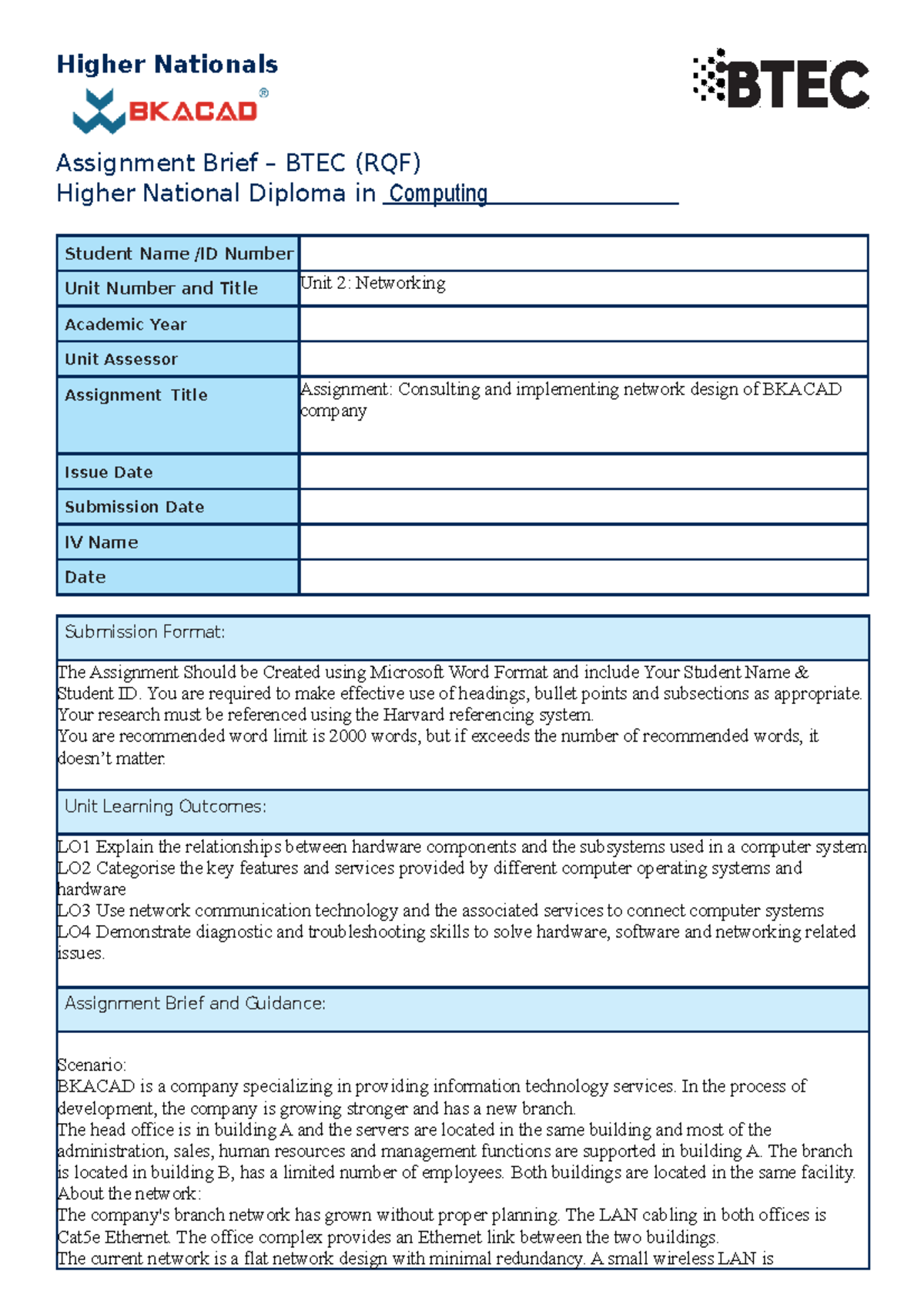 Assignment-brief-Networking - Higher Nationals Assignment Brief – BTEC (RQF) Higher National ...