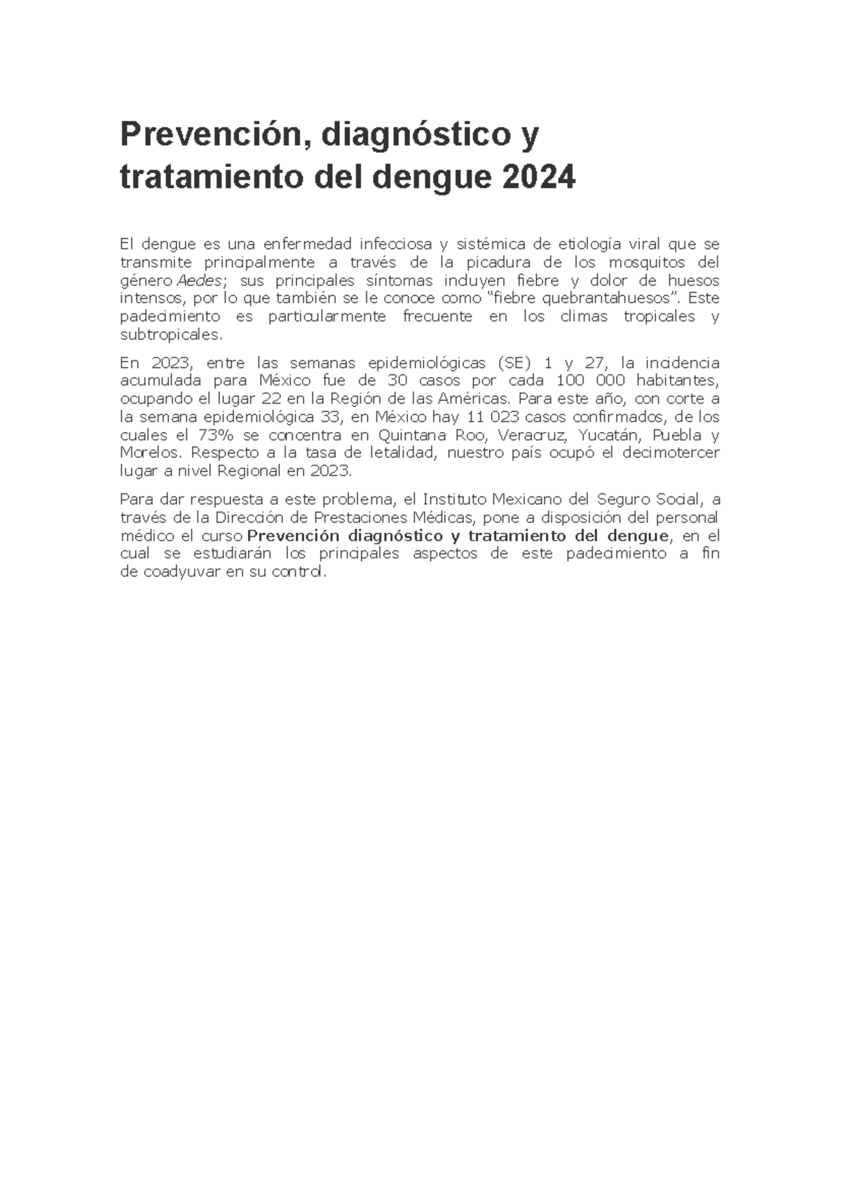 Prevención, Diagnostico Y Tratamiento DEL Dengue - Prevención, diagnóstico y tratamiento del ...