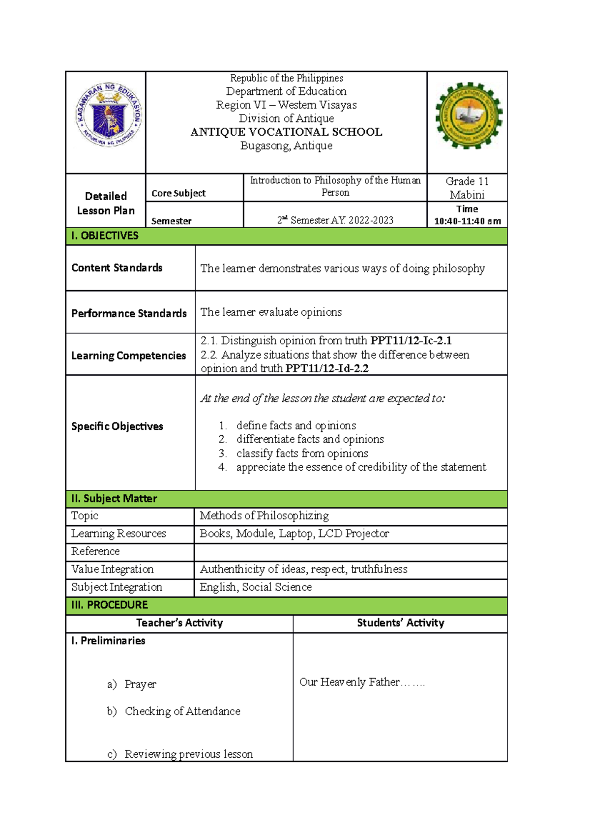 DLP Intro to Philo( Module 2) lesson 1 - Republic of the Philippines ...