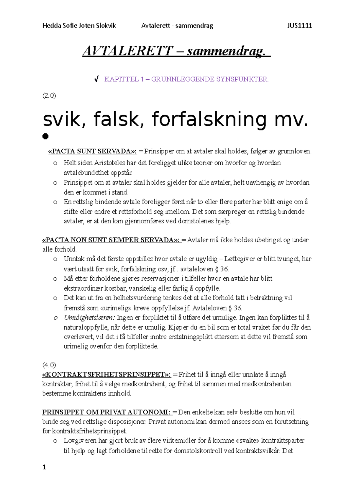 Avtalerett - sammendrag - AVTALERETT – sammendrag. KAPITTEL 1 – GRUNNLEGGENDE SYNSPUNKTER. (2 ...