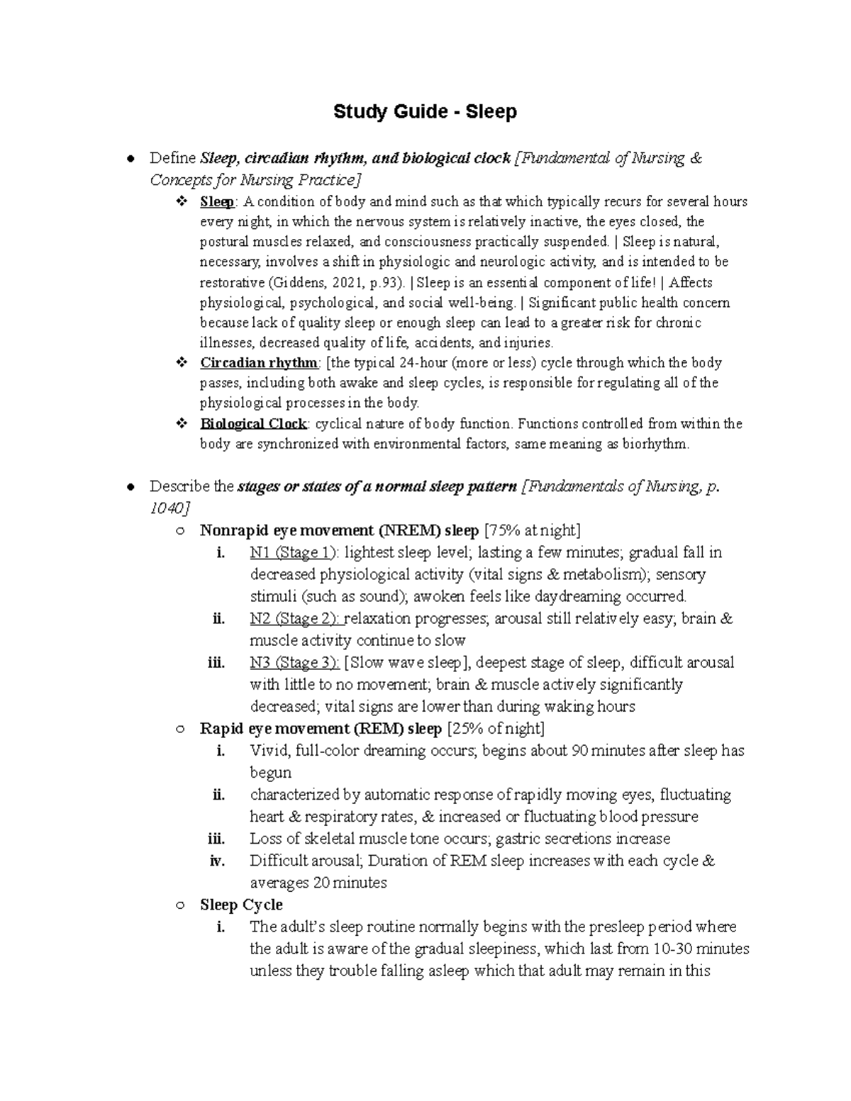 Sleep Study Guide - Study Guide - Sleep Define Sleep, circadian rhythm ...