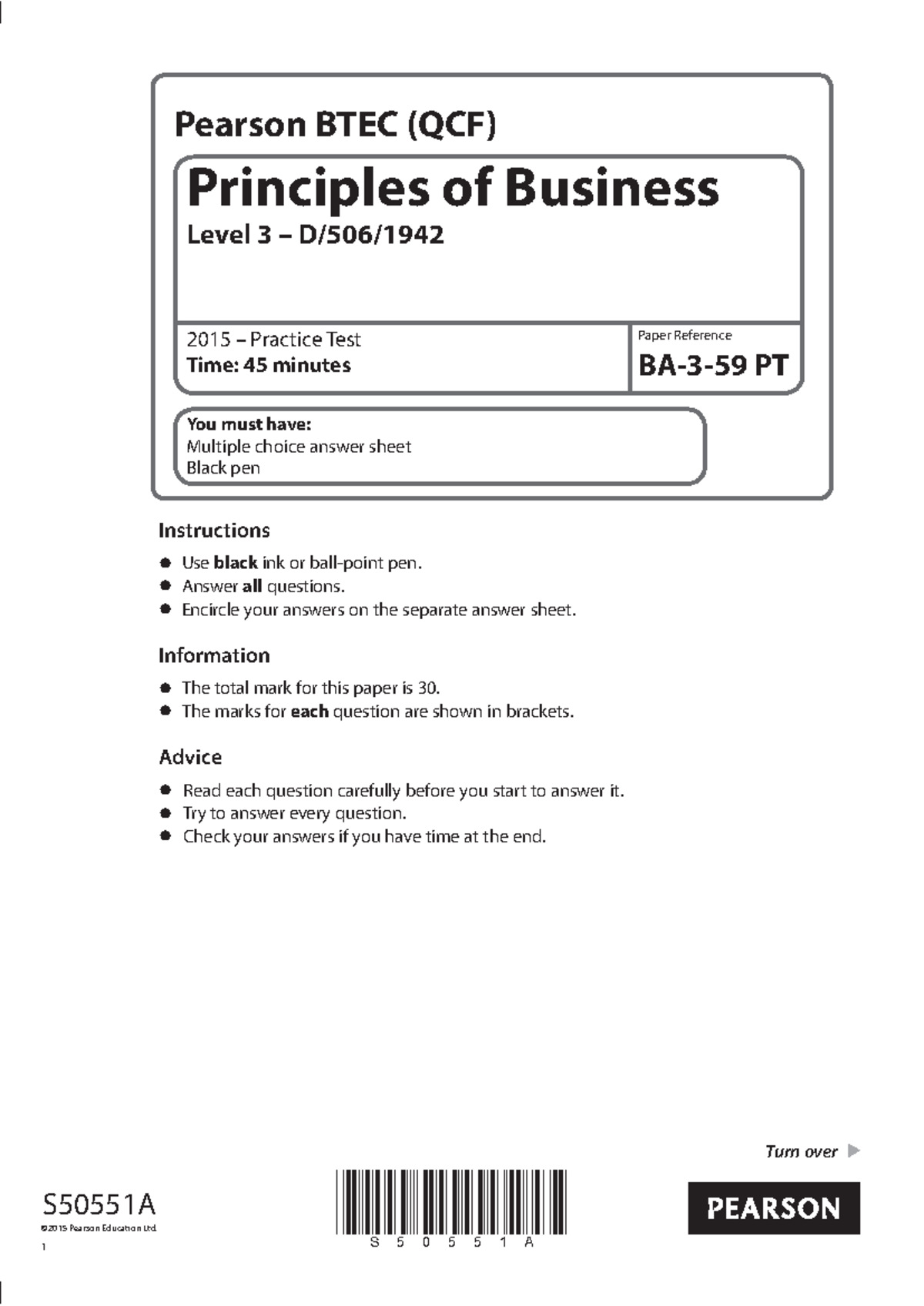 BA 3 59 principles of business practice test - Turn over S50551A ...