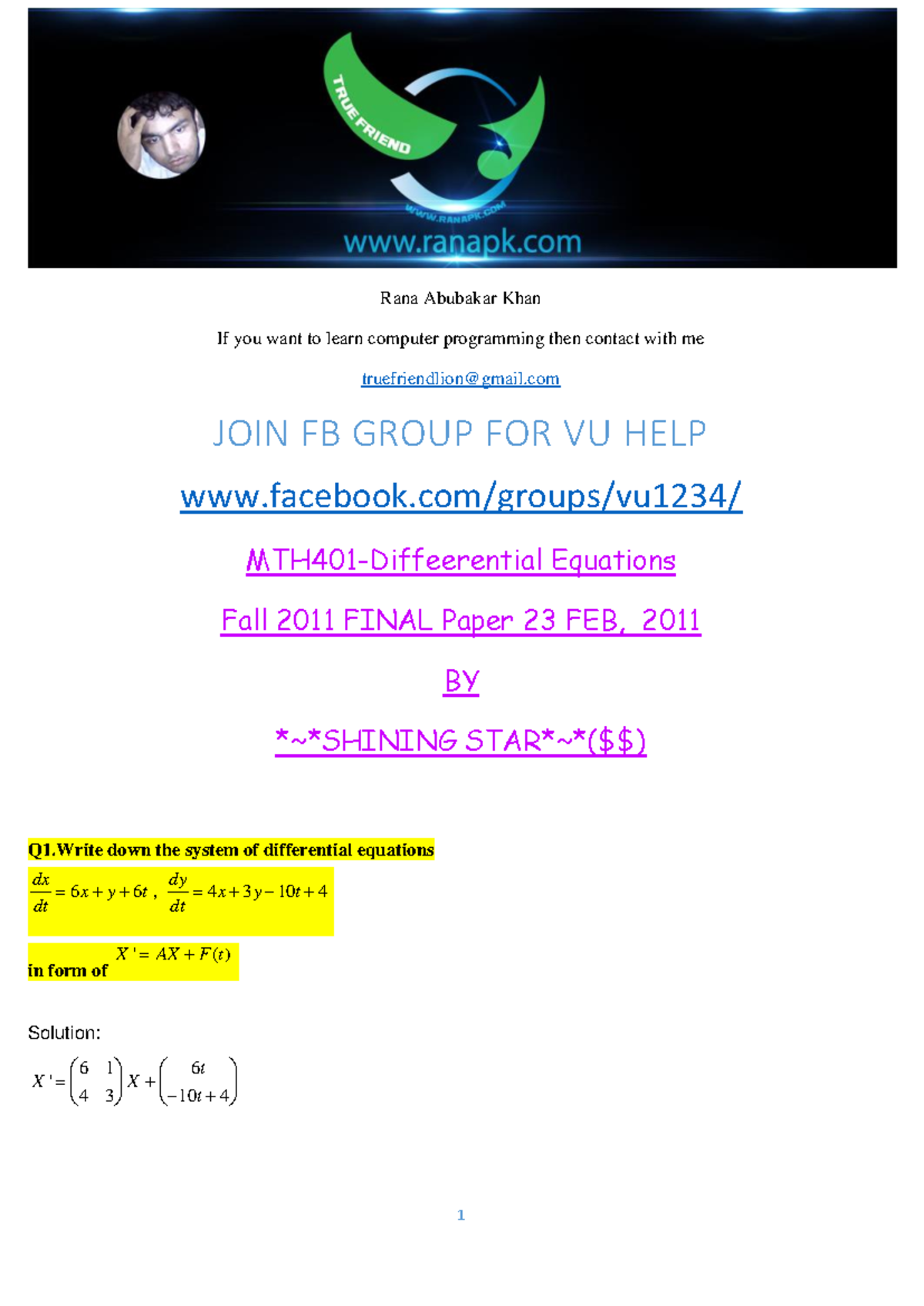 MTH401-Final Term-Shining Star 2011 - Rana Abubakar Khan If you want to learn computer ...