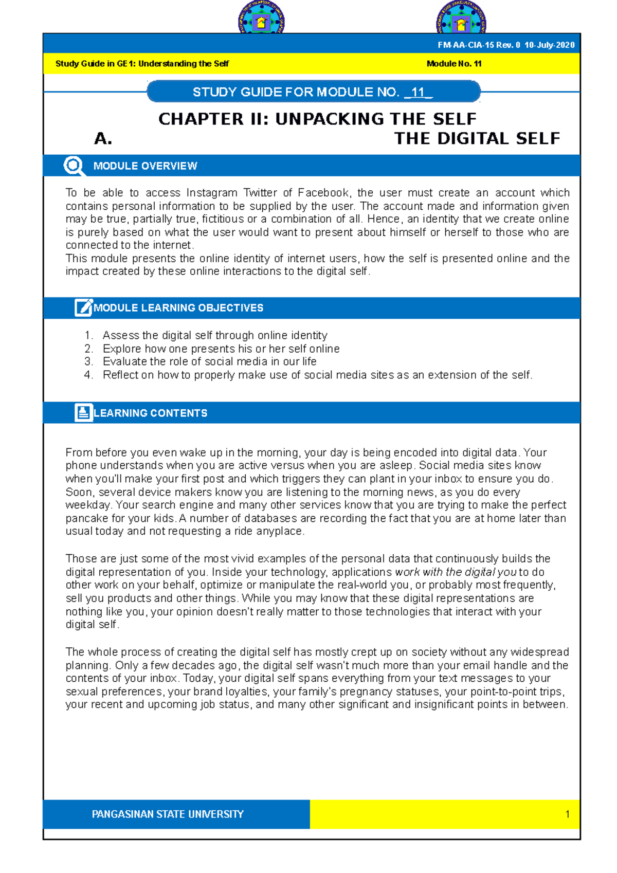GE1 Module 11 Digital Self - CHAPTER II: UNPACKING THE SELF A. THE ...