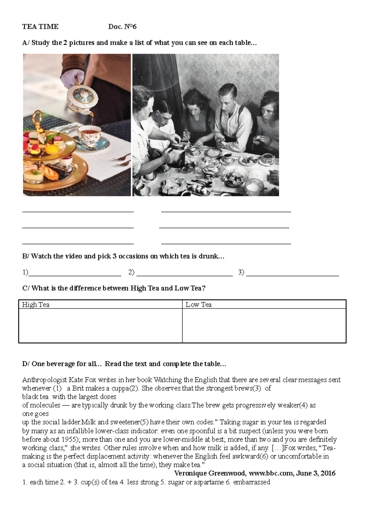 TEA TIME Doc - abcd - TEA TIME Doc. N° A/ Study the 2 pictures and make ...