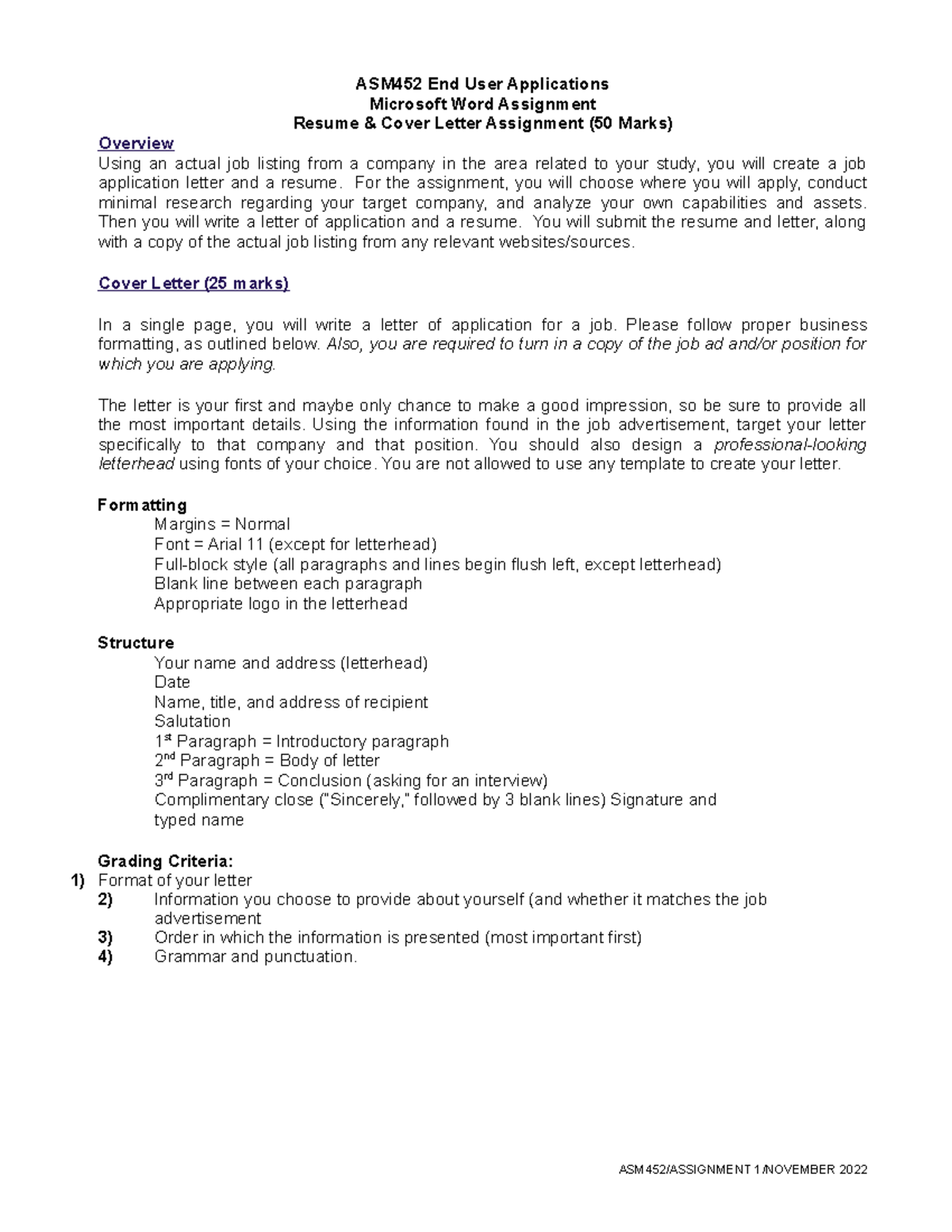 Assignment 1 MS Words November 2022 - ASM452 End User Applications ...