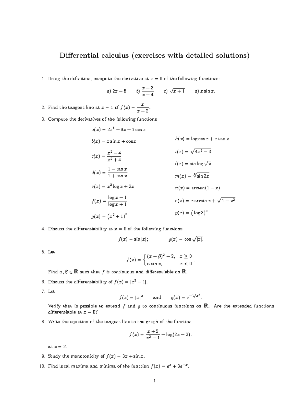 Derivatives Differential Calculus Exercises With Detailed Solutions
